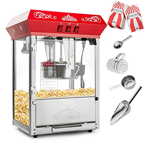 Olde Midway Bar Style Popcorn Machine Maker Popper with 10-Ounce Kettle - Red