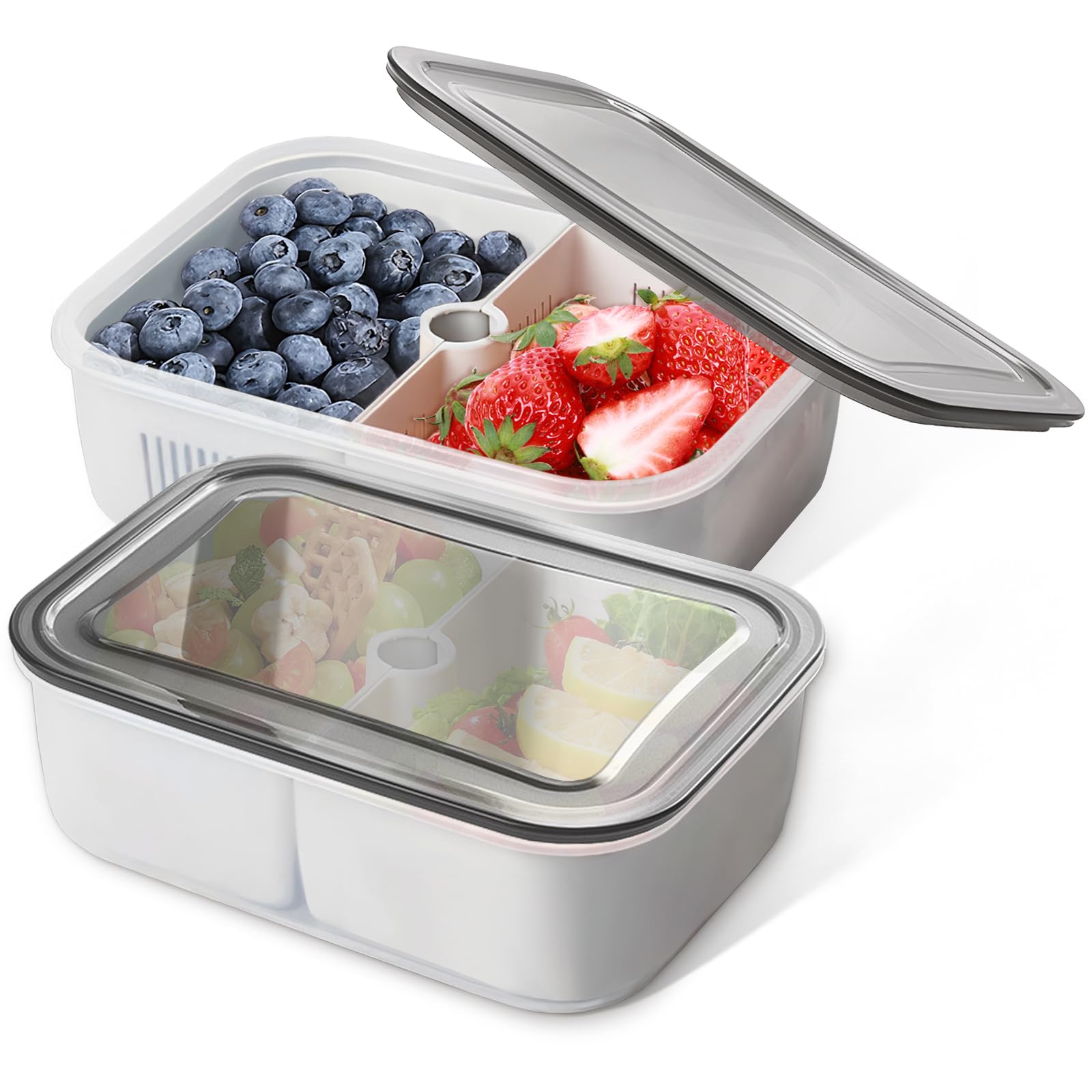 Veggie Trays with Lid, 2 Pack Meal Prep Containers, Food Storage Containers with Lids, 2 Removable Compartments Food Containers for Fruits/Vegetables/Snacks, Dishwasher Safe, BPA Free & Leak Proof