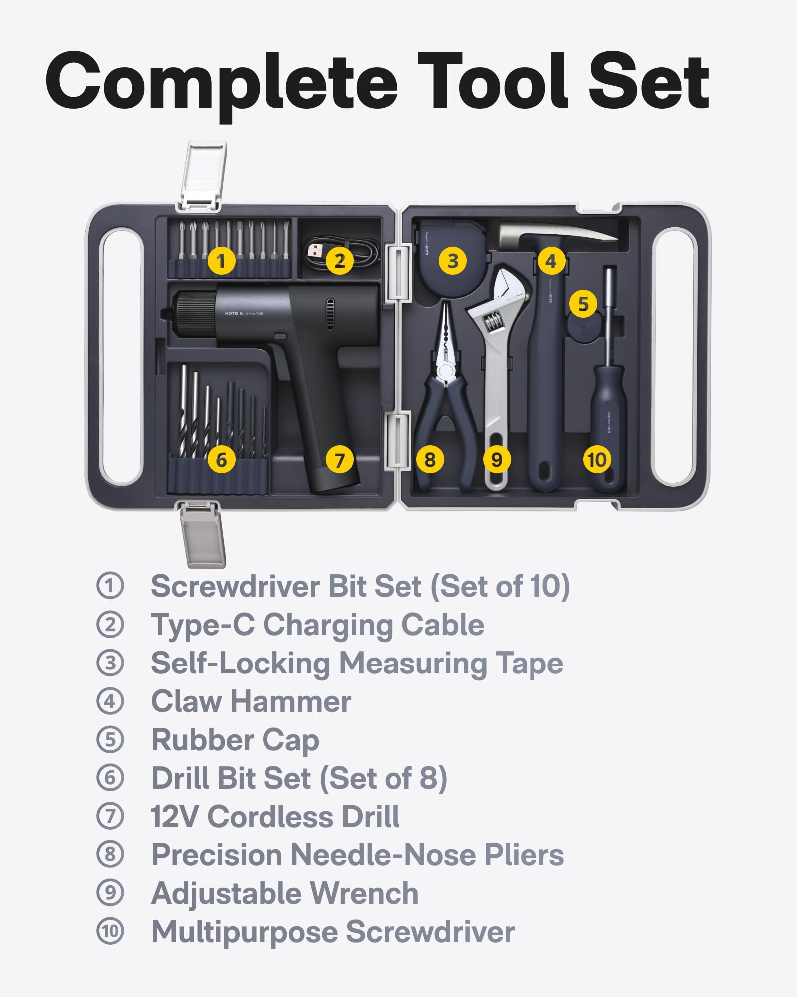 HOTO Cordless Brushless Drill Tool Set, Outstanding Appearance, Hidden Buckle, Unique LED Screen, Intelligent Digital Display, Safe, Exquisite & Practical, High-end Drill Kit for Home/Daily Use