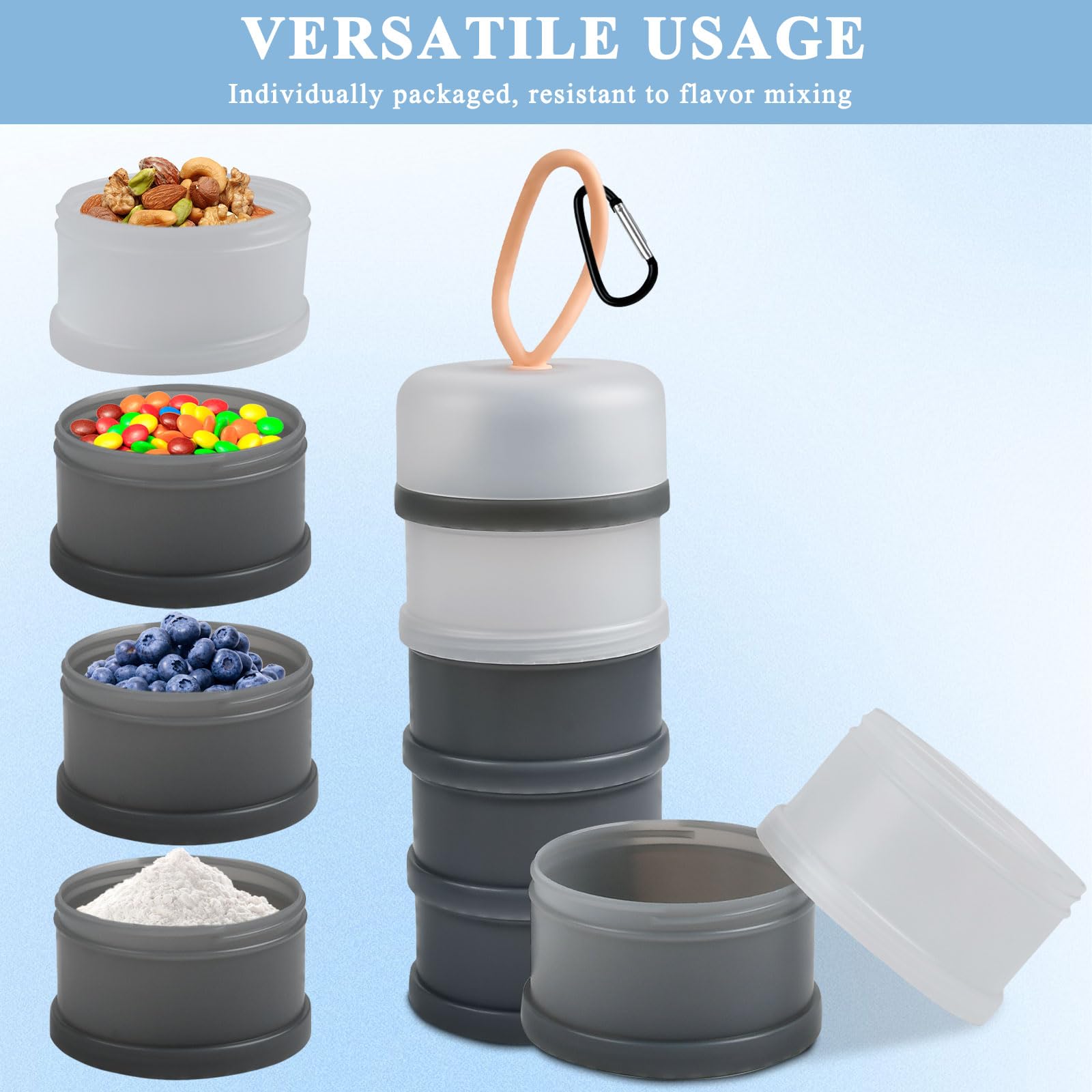 Milkary 4Pcs Protein Powder Storage Container, 4 Layer Stackable Leak-proof Formula Dispenser to Go with Funnels Stand, Portable Keychain Travel Protein Powder Container for Workout Fitness Travel