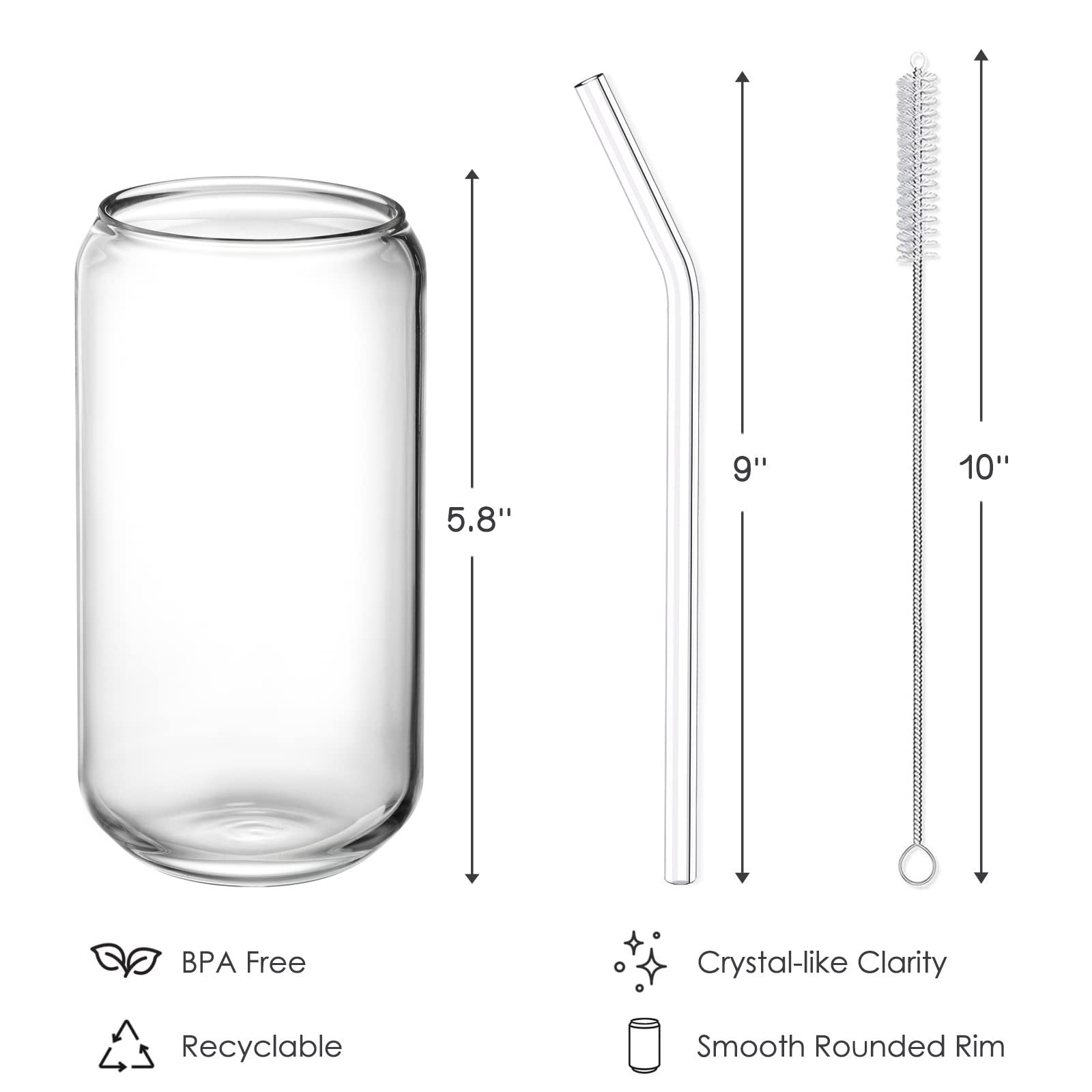 NETANY Drinking Glasses with Glass Straw 4pcs Set - 16oz Can Shaped Glass Cups, Beer Glasses, Iced Coffee Glasses, Cute Tumbler Cup, Ideal for Whiskey, Soda, Tea, Water, Gift - 2 Cleaning Brushes