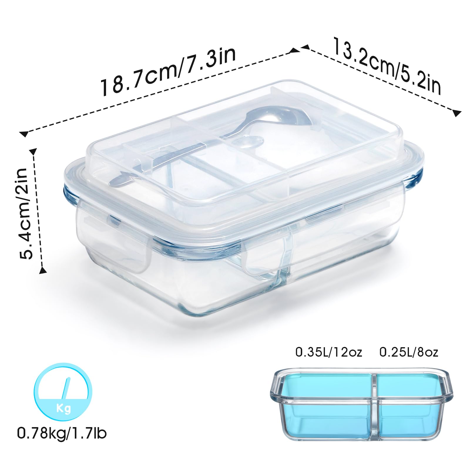 NUTRIUPS 0.6L/20 Oz Glass Meal Prep Containers, Glass Bento Box for adults, Lunch Containers with Lid, Glass Food Container with 2 Split Compartments-Microwavable
