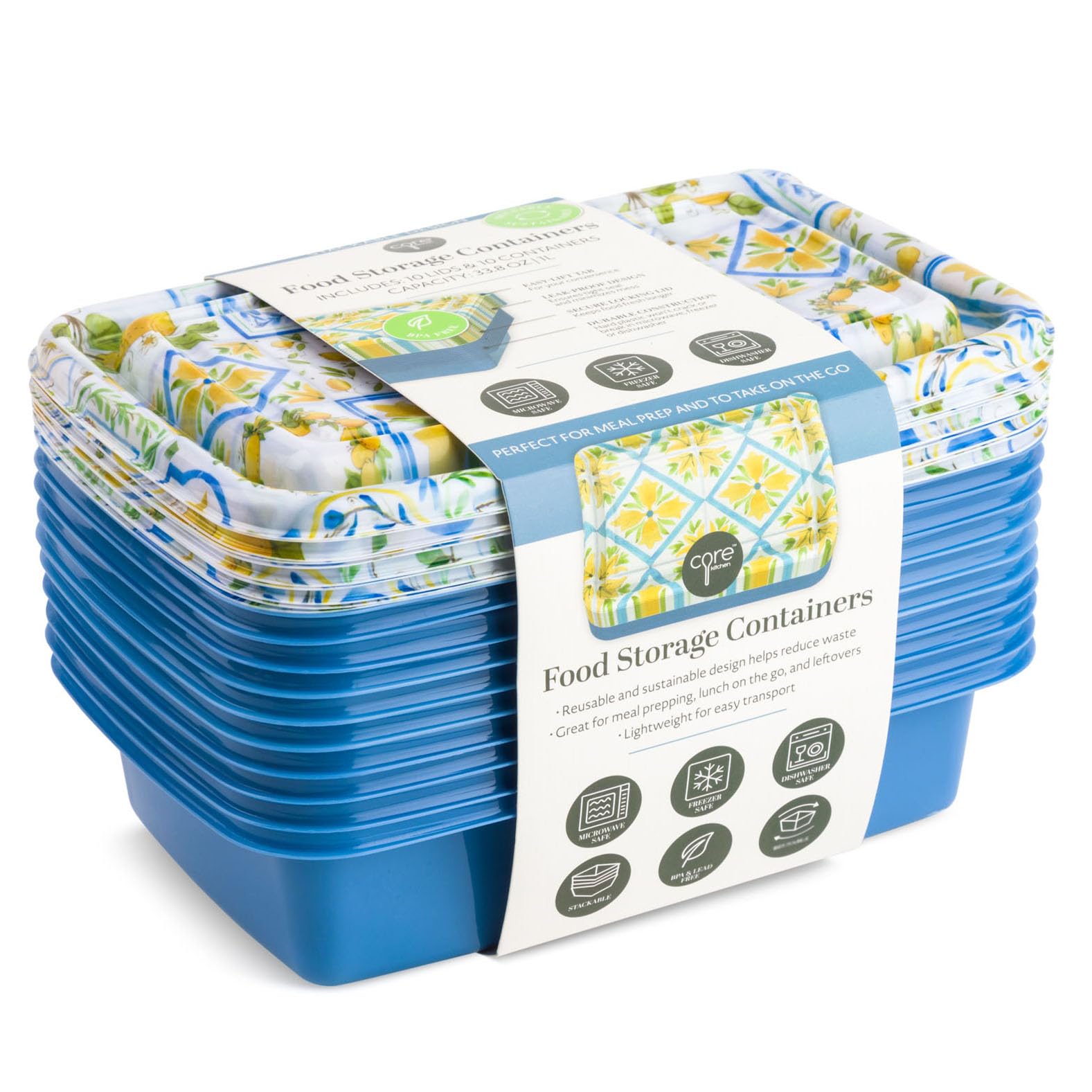Core Kitchen Lemon Mediterranean Tile, 33.8 Ounce Capacity, Food-Grade BPA-Free Reusable Plastic, Microwave & Dishwasher Safe, Meal Prep Food Storage Containers, 10 Pack, 43626