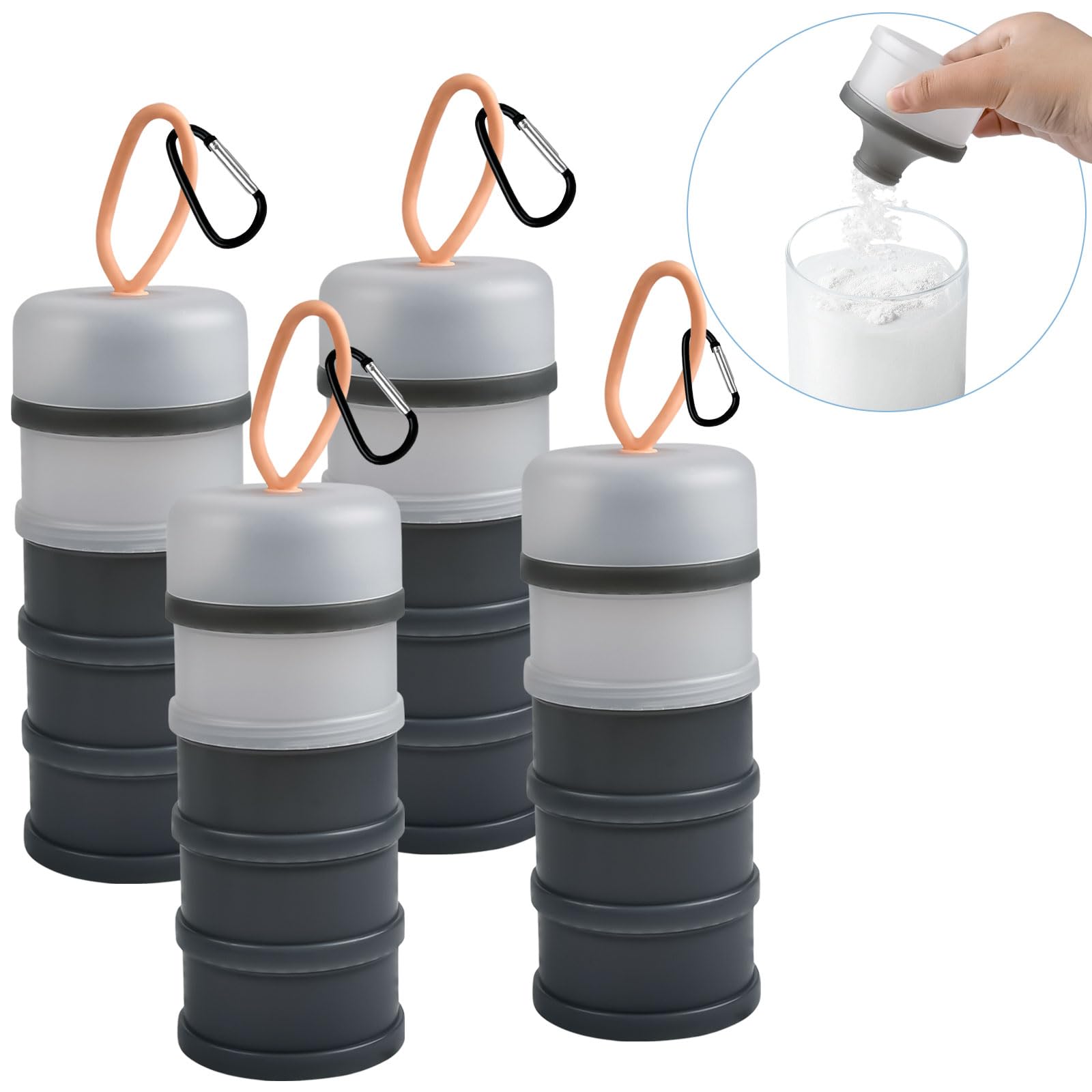 Milkary 4Pcs Protein Powder Storage Container, 4 Layer Stackable Leak-proof Formula Dispenser to Go with Funnels Stand, Portable Keychain Travel Protein Powder Container for Workout Fitness Travel