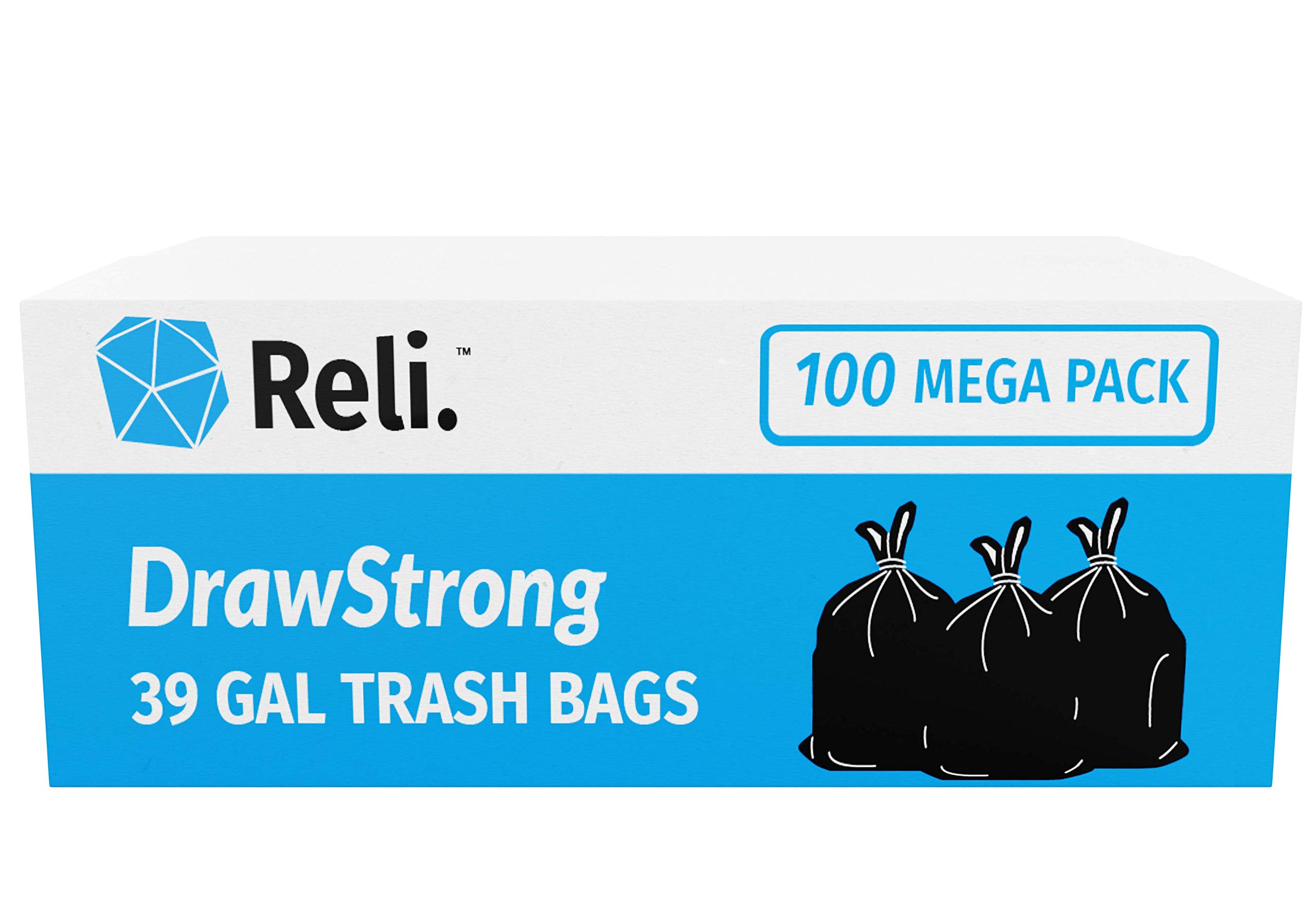 Reli. 39 Gallon Trash Bags Drawstring (100 Count) Large 39 Gallon Heavy Duty Drawstring Trash Bags - Black Garbage Bags 39 Gallon Capacity, Lawn Leaf (39 Gal)