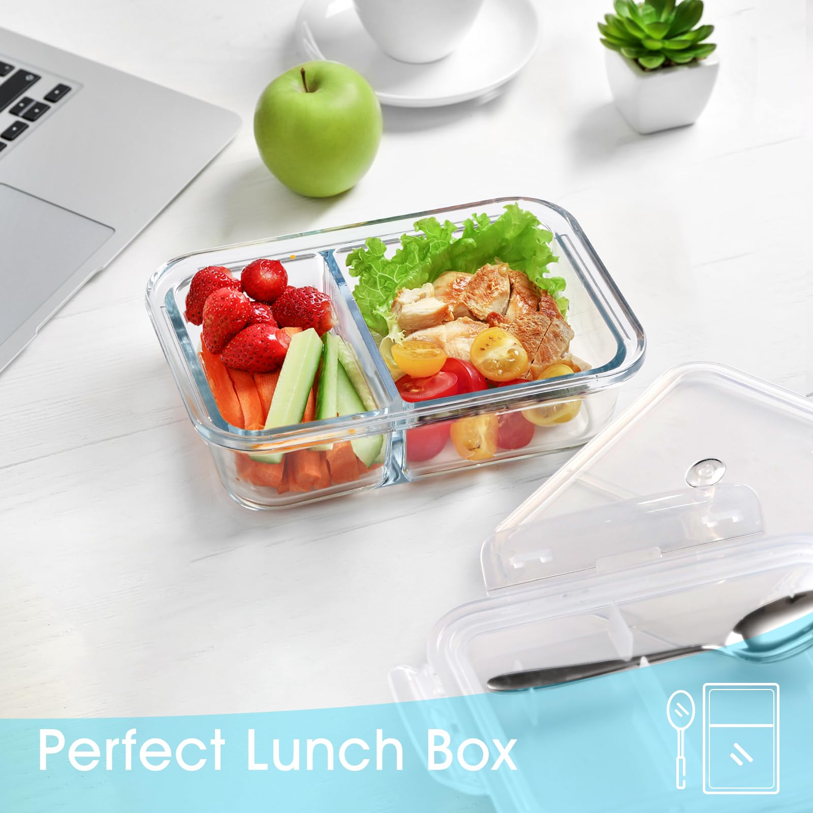NUTRIUPS 0.6L/20 Oz Glass Meal Prep Containers, Glass Bento Box for adults, Lunch Containers with Lid, Glass Food Container with 2 Split Compartments-Microwavable