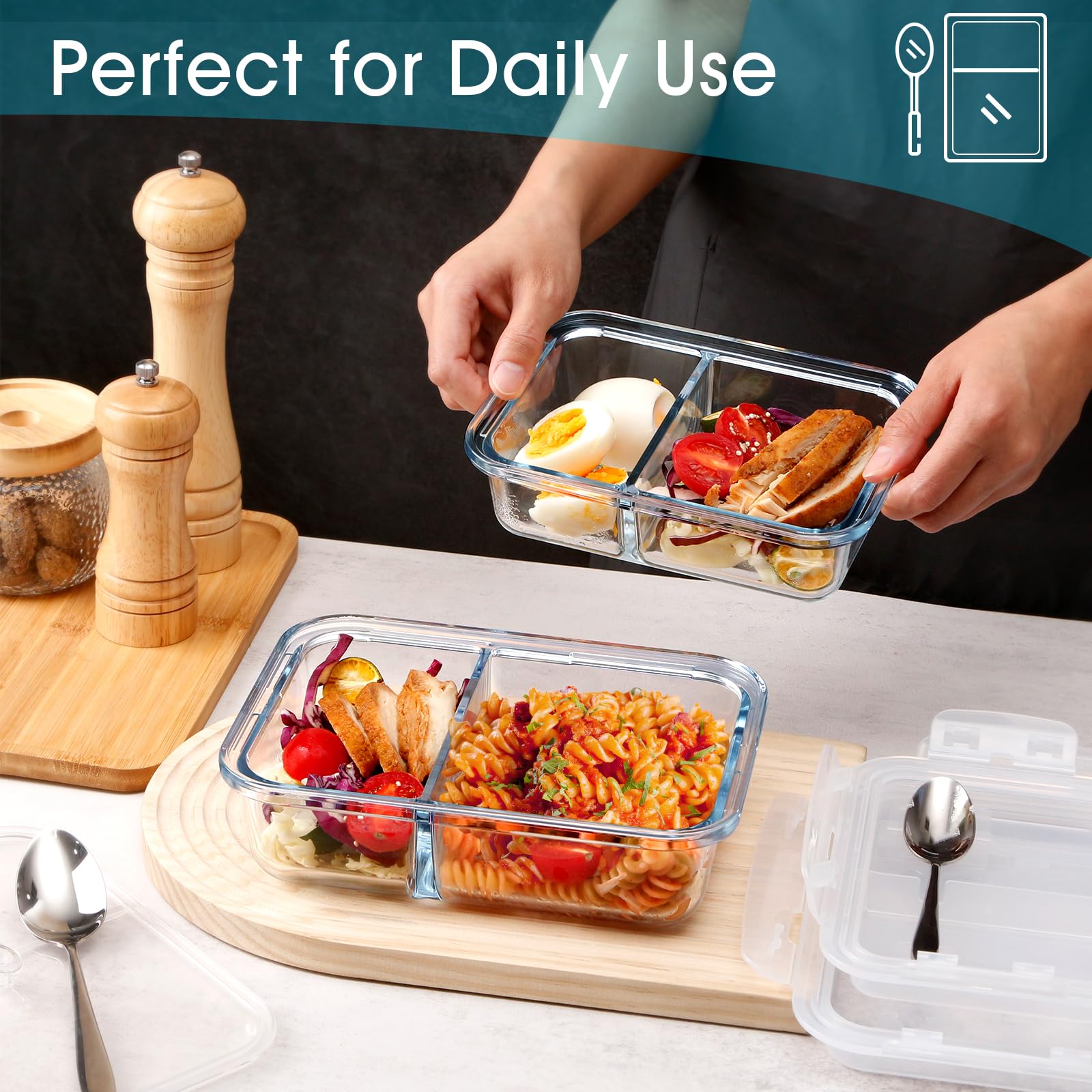 NUTRIUPS 0.6L/20 Oz Glass Meal Prep Containers, Glass Bento Box for adults, Lunch Containers with Lid, Glass Food Container with 2 Split Compartments-Microwavable