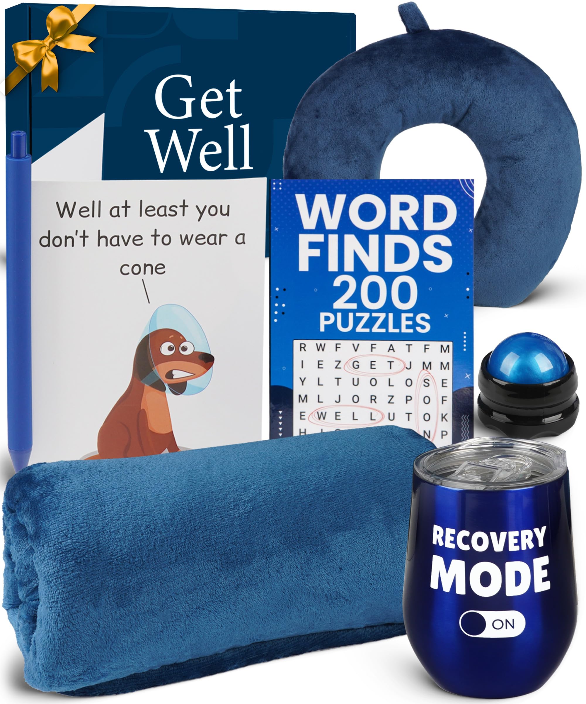 Amabeen Gifts Get Well Soon Gift Basket for Men – Recovery & After Surgery Care Package - Plush Blanket, Insulated Tumbler, Neck Pillow, Massage Roller, Puzzle Book, Funny Card, Pen