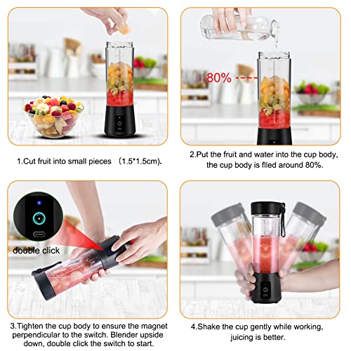 Portable Blender, YKSINX Personal Mini Blender for Smoothies and Shakes USB Rechargeable Juicer Cup Travel Handheld Fresh Juice Blender (Black)