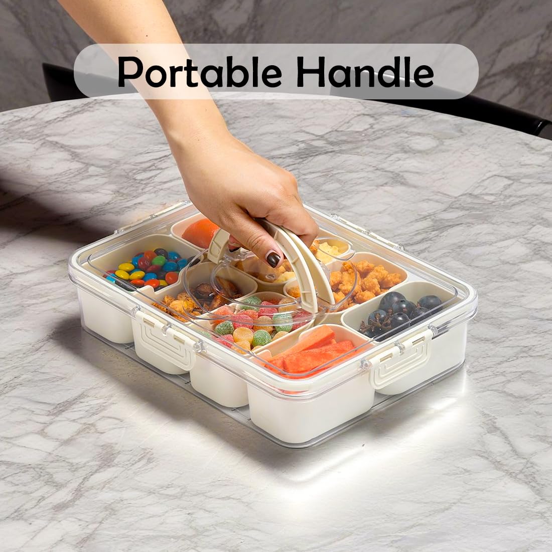 Snackle Box Container with Lid and Handle - 8 Compartments Divided Serving Tray, Portable Travel Snack Charcuterie Organizer for Candy, Fruits, Veggie and Snacks
