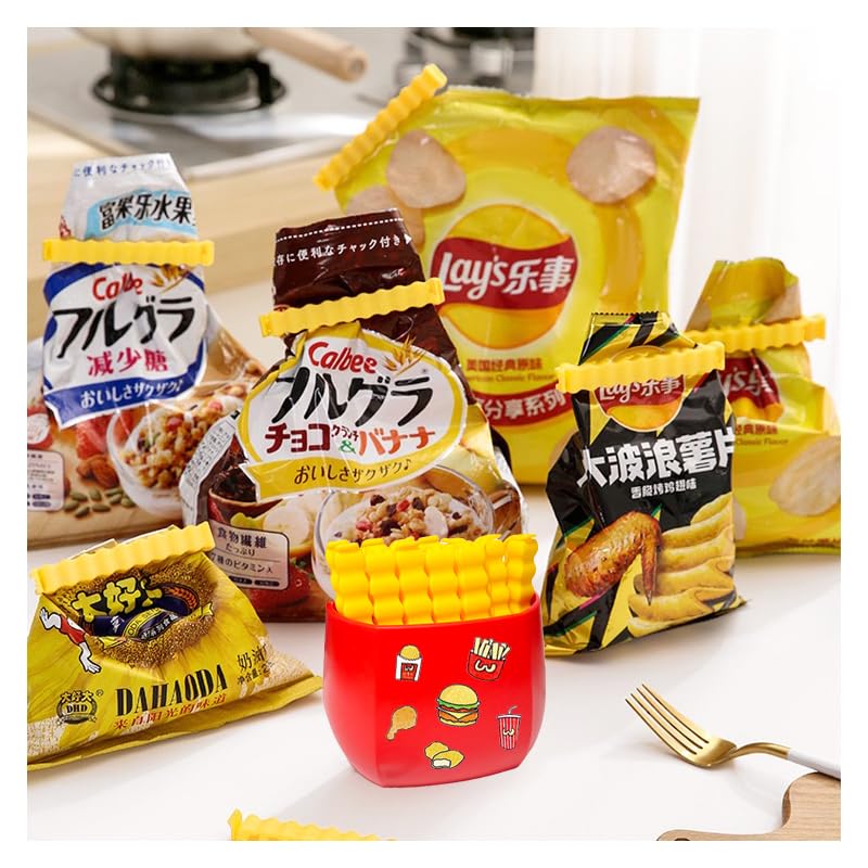 Generic Magnetic Fries Clips-12 Pcs Plastic Food Clips & Magnetic Plastic container with Fun stickers, Cute Kitchen Accessories Keep Food Fresh & Organized, Red and Yellow