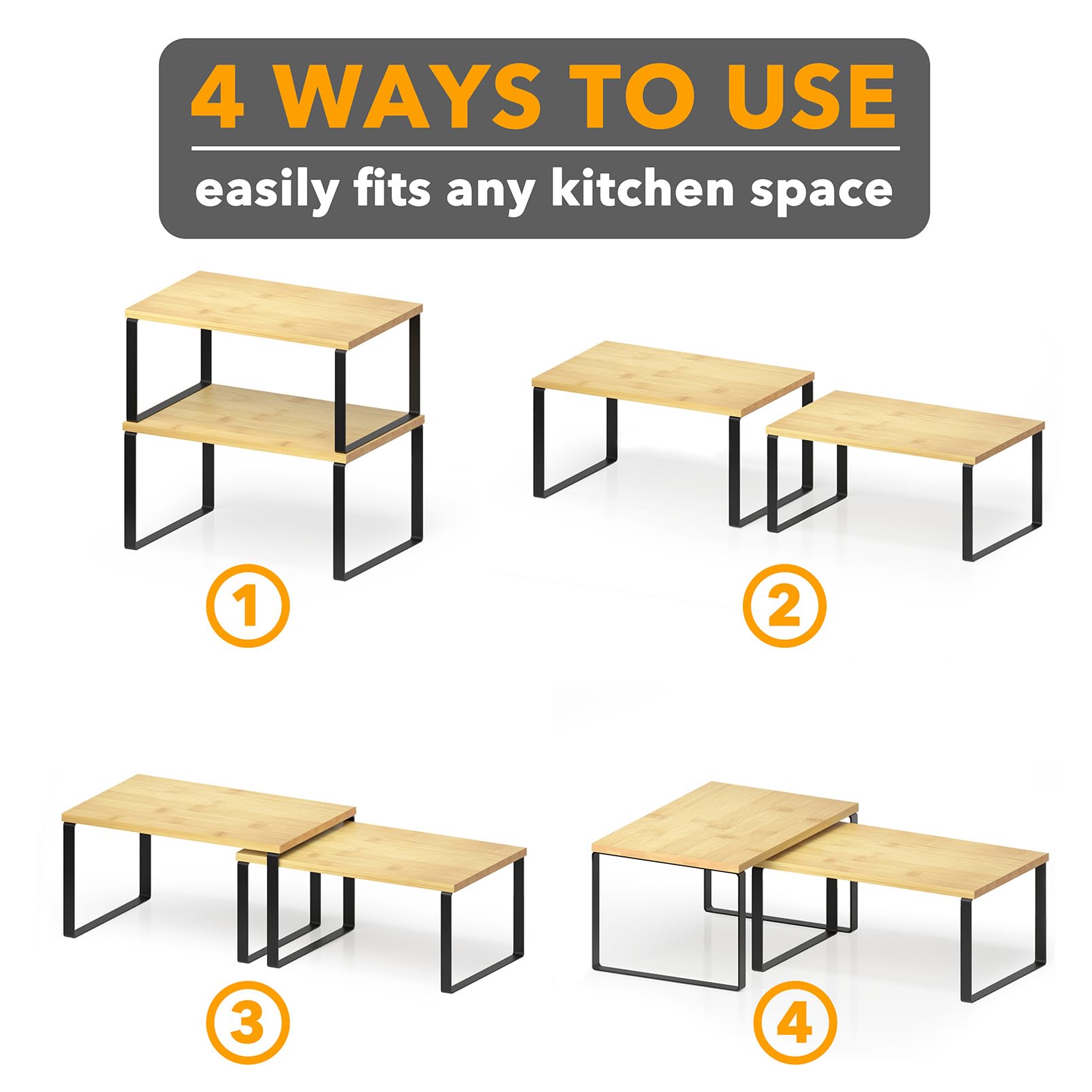 SpaceAid Cabinet Shelf Organizers 2 Pack, Kitchen Counter Rack Shelves Riser, Stackable Expandable Spice Rack, Pantry Cupboard Storage Organization (Black and Natural, Short)