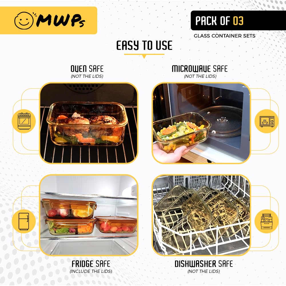 Glass Meal Prep Containers - 1, 2 & 3 Compartment (3 Pack, 36 oz), Reusable Glass Food Storage Containers with Lids, Bento Box Glass for Meal Prep