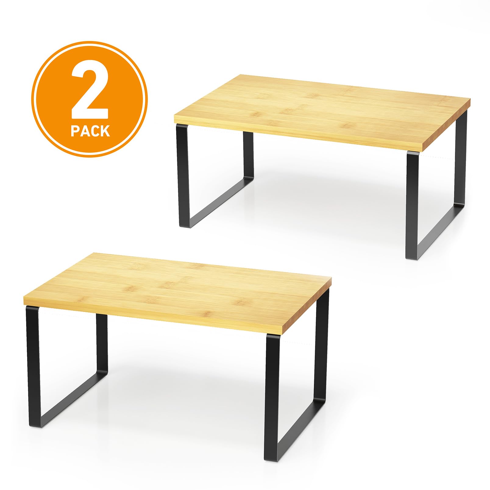 SpaceAid Cabinet Shelf Organizers 2 Pack, Kitchen Counter Rack Shelves Riser, Stackable Expandable Spice Rack, Pantry Cupboard Storage Organization (Black and Natural, Short)