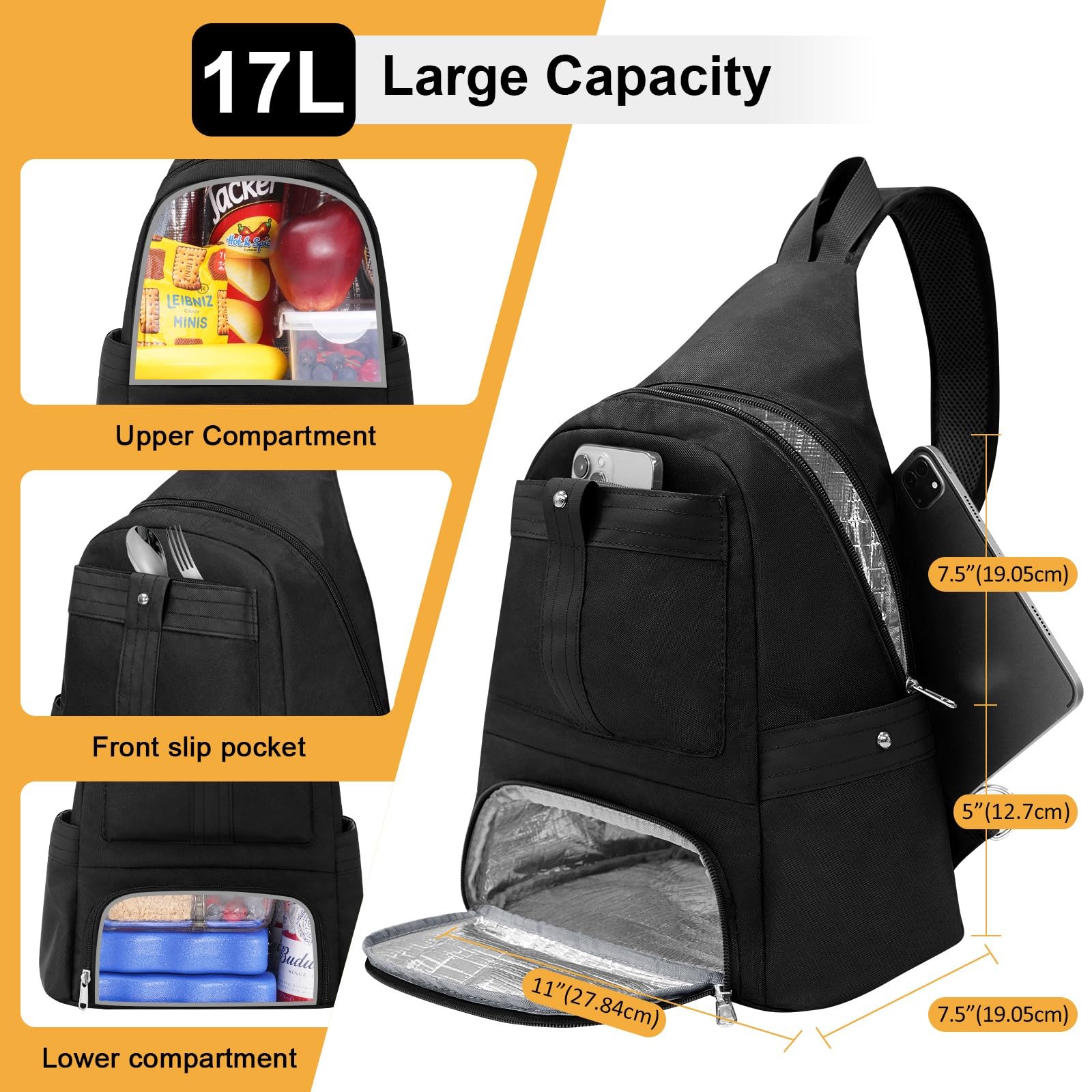 HesLaus Crossbody Lunch Backpack, Double Deck Large Insulated Lunch Box for Men Women Adult, Leakproof Lunchbox with Side Pokets for iPad, Small Cooler Bag for Work Office Hiking Beach Picnic, Black