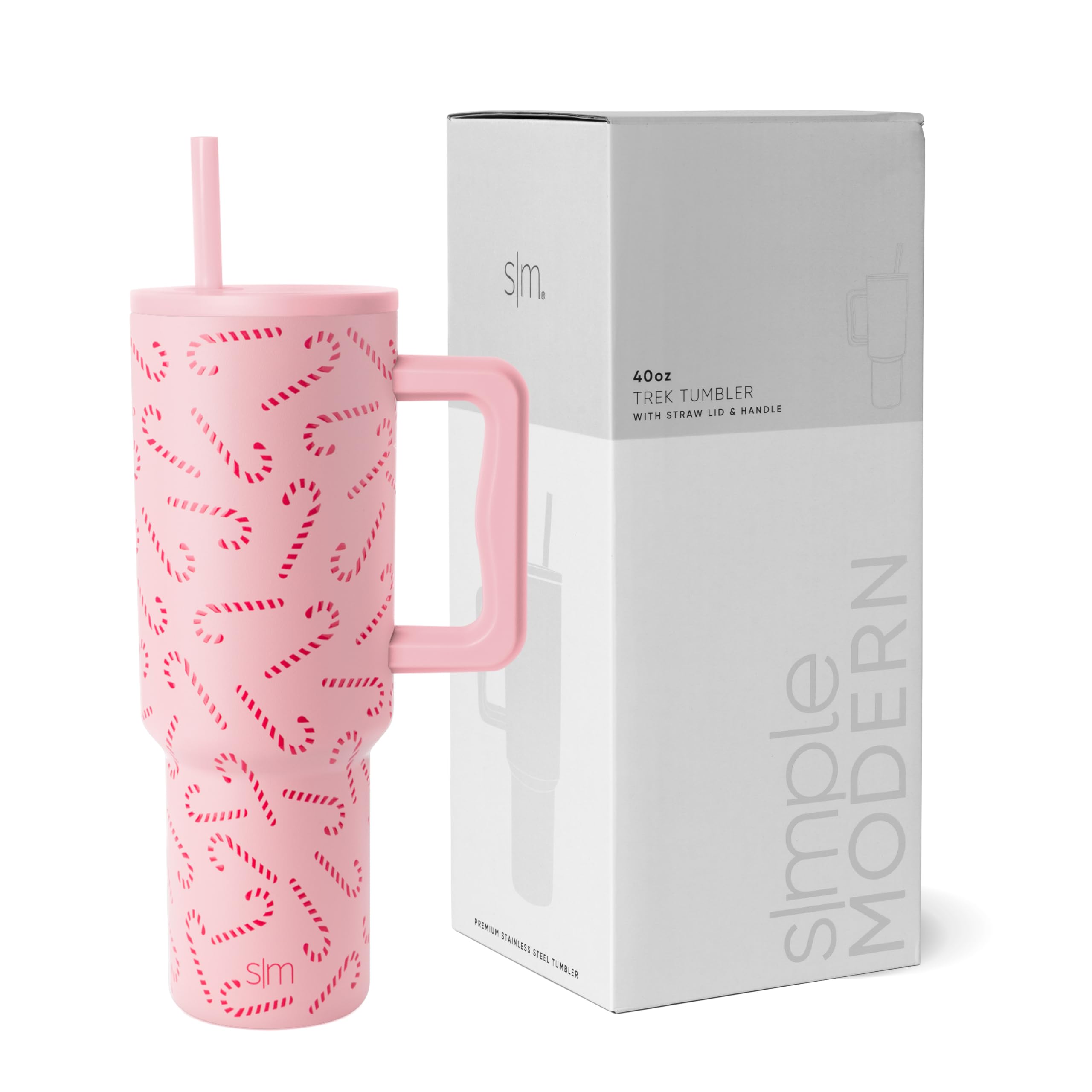 Simple Modern 40 oz Tumbler with Handle and Straw Lid | Insulated Reusable Stainless Steel Water Bottle Travel Mug Cupholder Friendly | Gift for Women Men | Trek Collection | Pink Candy Cane Toss