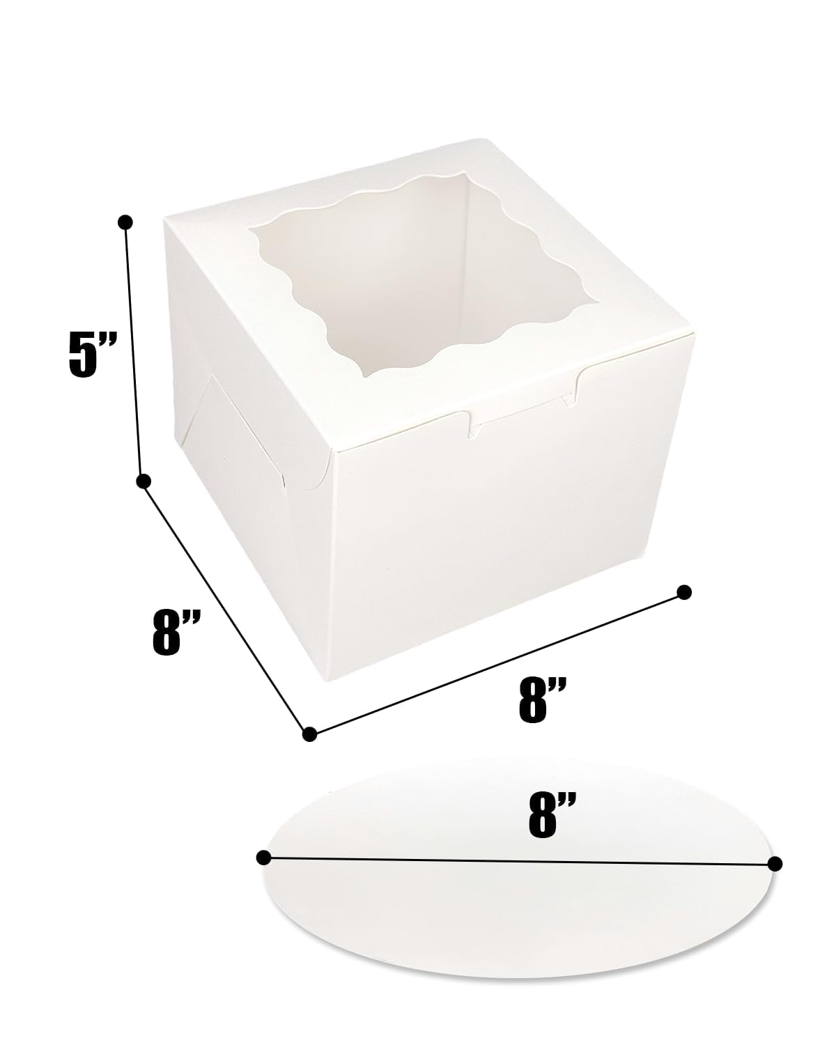 Bakepacker 36pcs 8x8x5 Inches Cake Boxes with Window 8 Inch Bakery Boxes 18-Packs White Cake Boxes (18 Cake boxes +18 Cake Boards+10 Meters Silk Ribbon Includes)