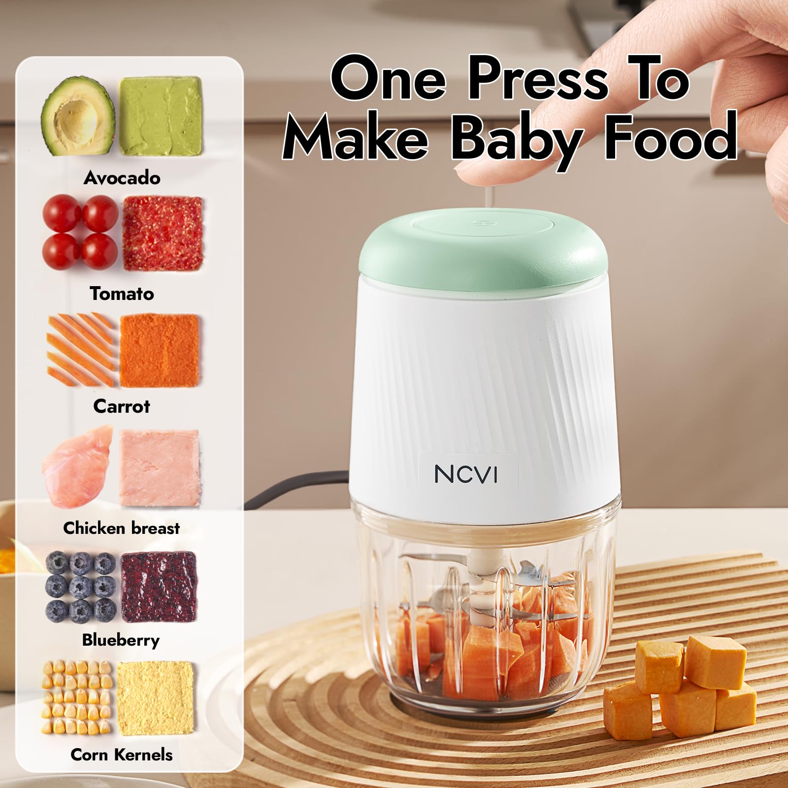 NCVI Puree Baby Food Processor Glass Set, Mini Infant Food Maker Blender Machine with 8 Blades and Grinding Disc, Small Blender Including Food Containers, Silicone Tray and Tableware, Green
