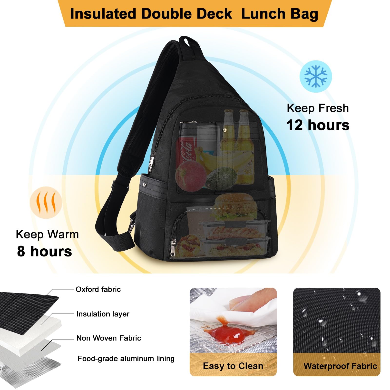 HesLaus Crossbody Lunch Backpack, Double Deck Large Insulated Lunch Box for Men Women Adult, Leakproof Lunchbox with Side Pokets for iPad, Small Cooler Bag for Work Office Hiking Beach Picnic, Black