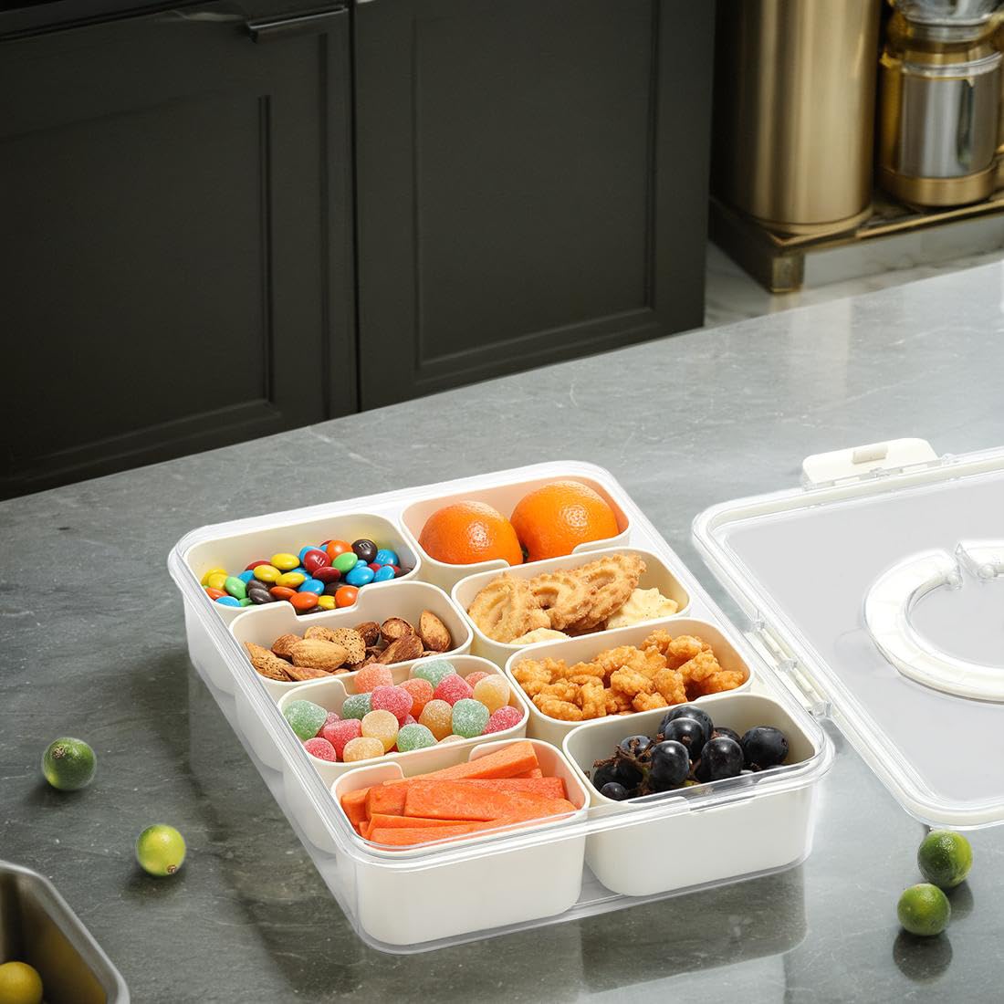 Snackle Box Container with Lid and Handle - 8 Compartments Divided Serving Tray, Portable Travel Snack Charcuterie Organizer for Candy, Fruits, Veggie and Snacks
