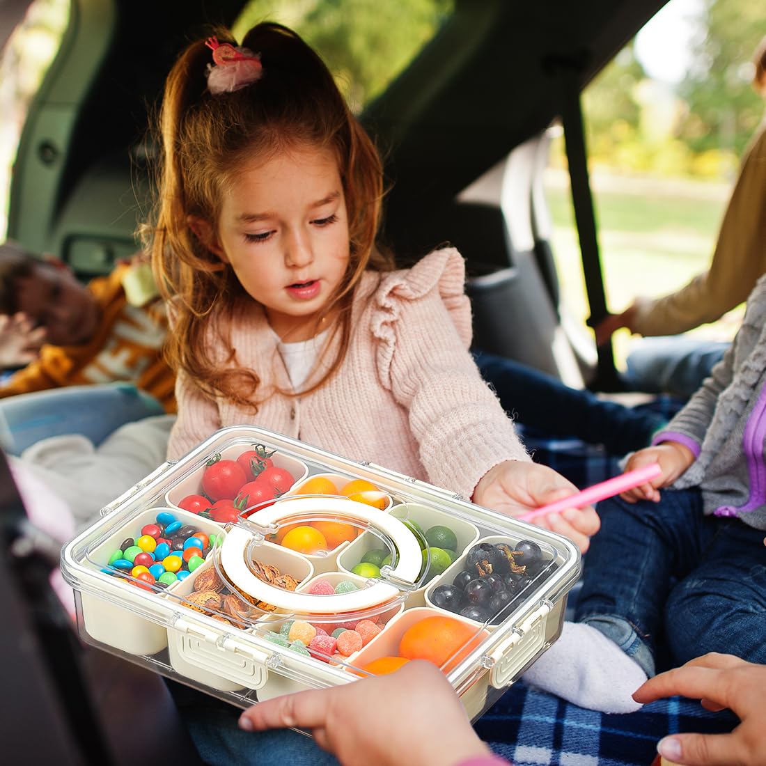 Snackle Box Container with Lid and Handle - 8 Compartments Divided Serving Tray, Portable Travel Snack Charcuterie Organizer for Candy, Fruits, Veggie and Snacks