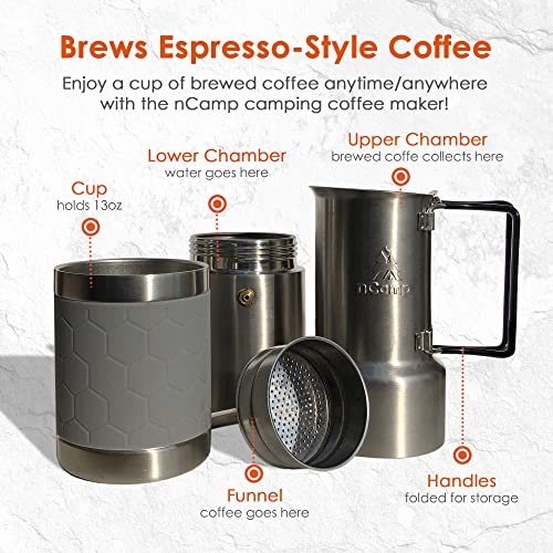 nCamp - Café, Portable Coffee Maker, Portable Espresso Machine, Compact Camping Coffee Maker, Stainless Steel Travel Coffee Maker with Camping Coffee Cup, Reusable, 12 oz