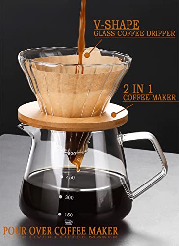 COFISUKI Pour Over Coffee Maker - 600ML Glass Carafe Coffee Server with Glass Coffee Dripper/Filter, Drip Coffee Maker Set for Home or Office, 1-4 Cups