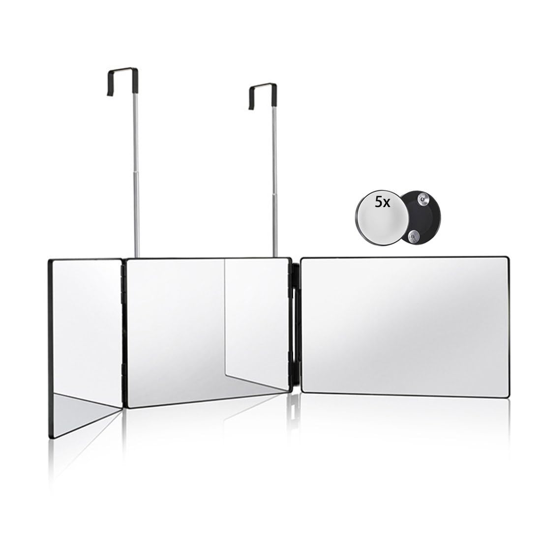 HIEEY 3 Way Mirror for Hair Cutting,360 Trifold Mirror with Height Adjustable Telescoping Hooks,and 5X Magnification Mirror,for Makeup, Hair Styling