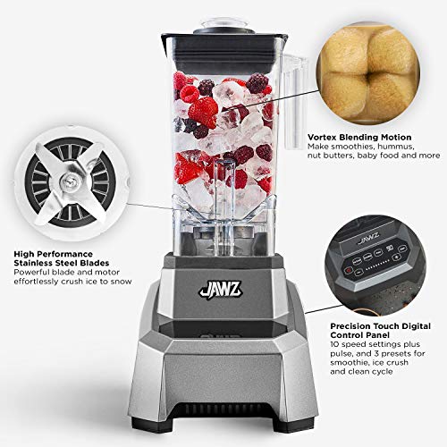 JAWZ High Performance Blender, 64 Oz Professional Grade Countertop Blender, Juicer, Smoothie or Nut Butter Maker, Precision Smart Touch Variable Speed, Stainless Steel Blades, Silver