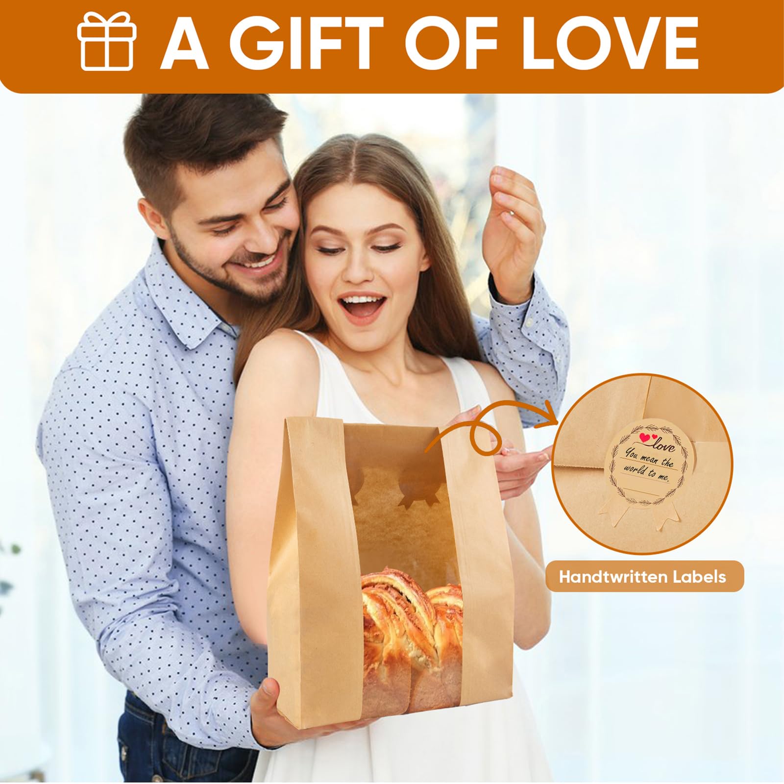 KEQ Bread Bags for Homemade Bread-Paper Bread Bag with Window-50 Pcs Sourdough Bread Bags with 60 Cute(10 Write-On) Sealing Stickers-Large Bakery Bags for Home Bakers & Bakery Owners