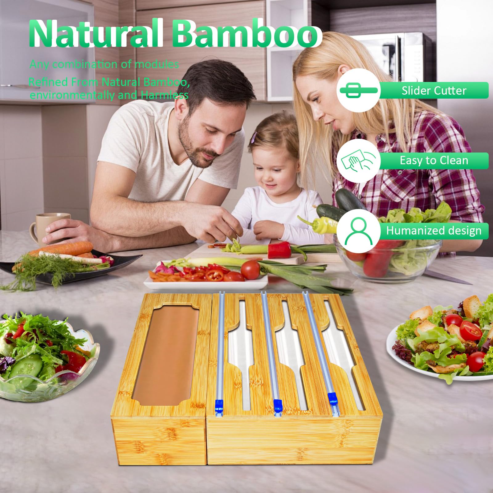 Bikerid Bamboo Wrap Dispenser with Cutter, Plastic Wrap Organizer, Aluminum Foil Organization, and Wax Paper Dispenser Holder for Kitchen Drawer and Wall, Compatible with 12" Roll