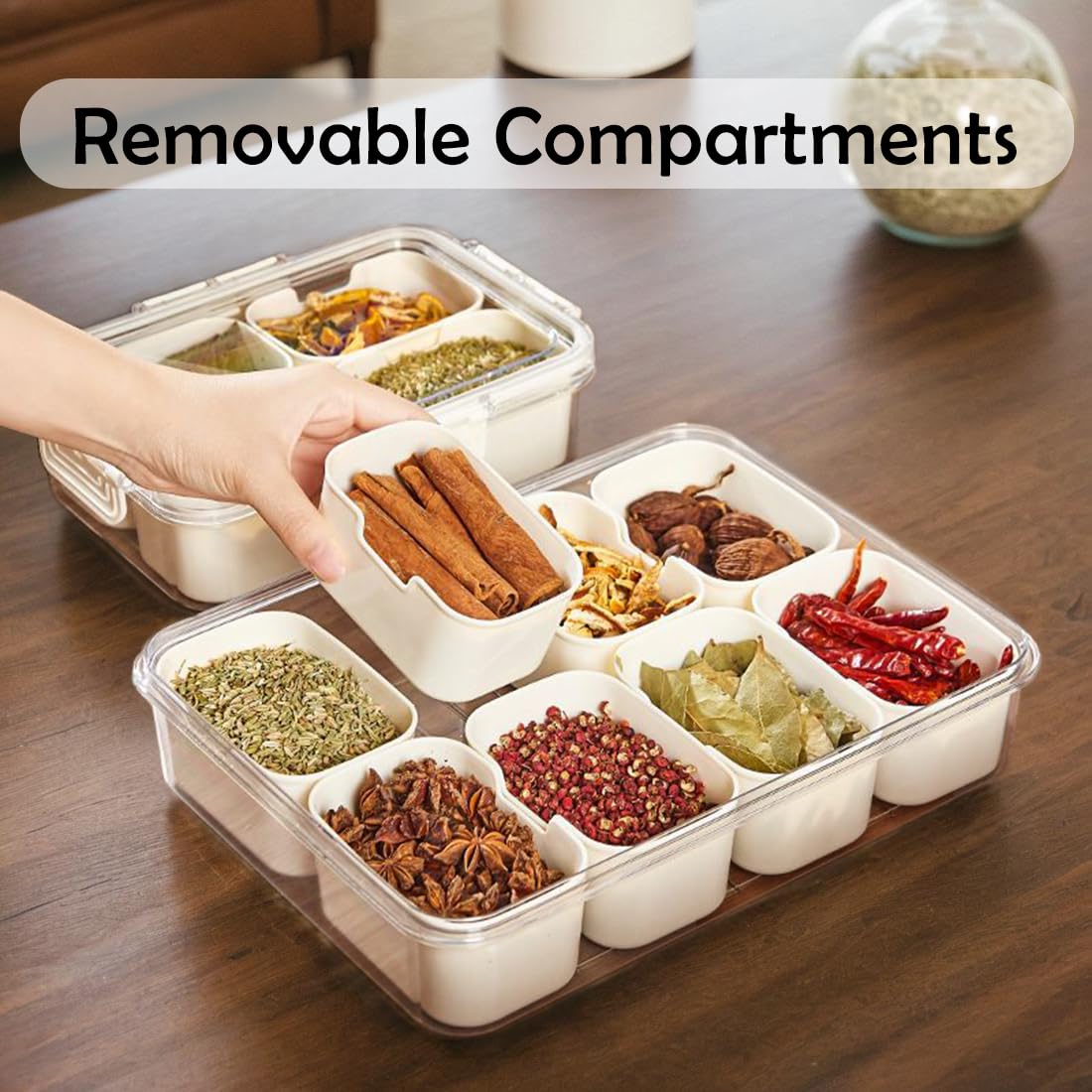 Snackle Box Container with Lid and Handle - 8 Compartments Divided Serving Tray, Portable Travel Snack Charcuterie Organizer for Candy, Fruits, Veggie and Snacks