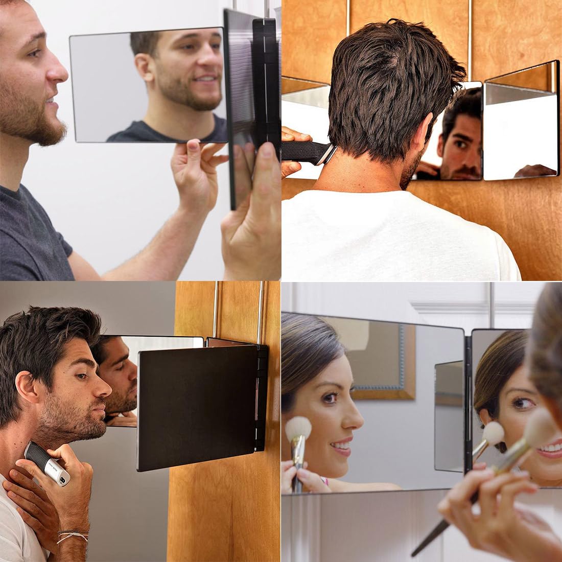 HIEEY 3 Way Mirror for Hair Cutting,360 Trifold Mirror with Height Adjustable Telescoping Hooks,and 5X Magnification Mirror,for Makeup, Hair Styling