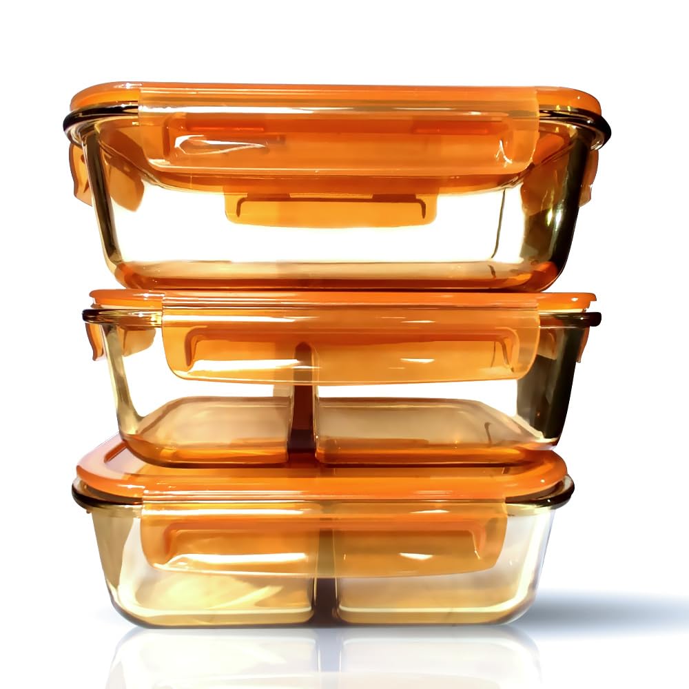 Glass Meal Prep Containers - 1, 2 & 3 Compartment (3 Pack, 36 oz), Reusable Glass Food Storage Containers with Lids, Bento Box Glass for Meal Prep