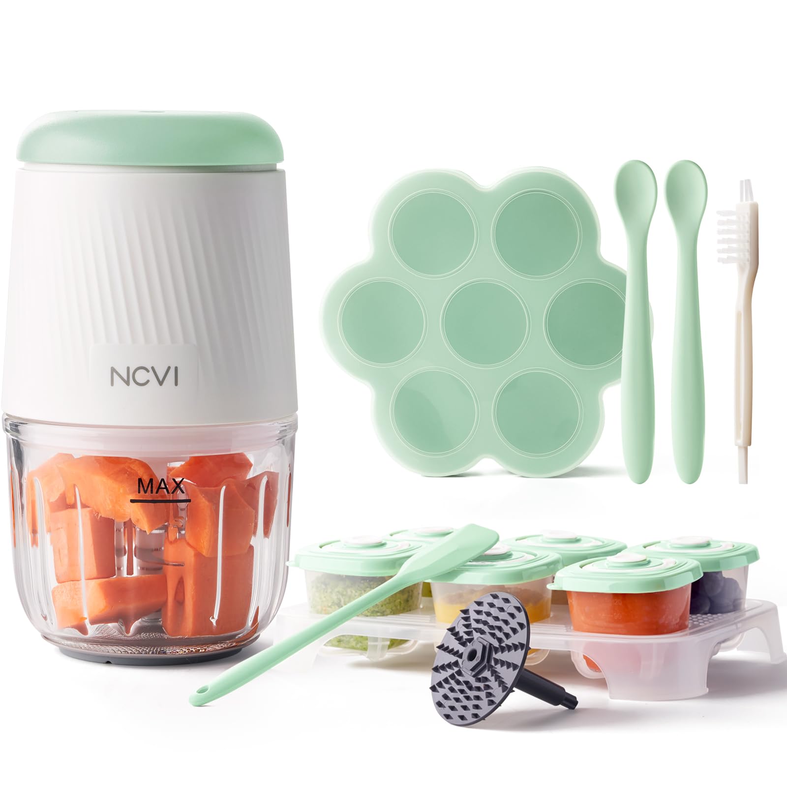 NCVI Puree Baby Food Processor Glass Set, Mini Infant Food Maker Blender Machine with 8 Blades and Grinding Disc, Small Blender Including Food Containers, Silicone Tray and Tableware, Green