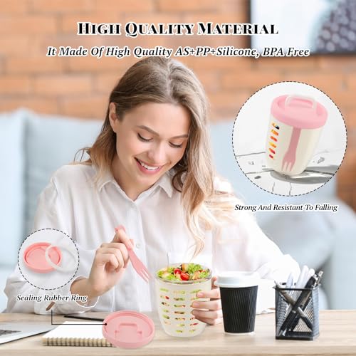 Salad Container for Lunch with Fork, Fruit cups with Lid and Handle, Fruit Storage Containers for Fridge Keep Fresh, 22 oz Food Storage Container Set BPA-Free for Kitchen, Office, Party, Camping