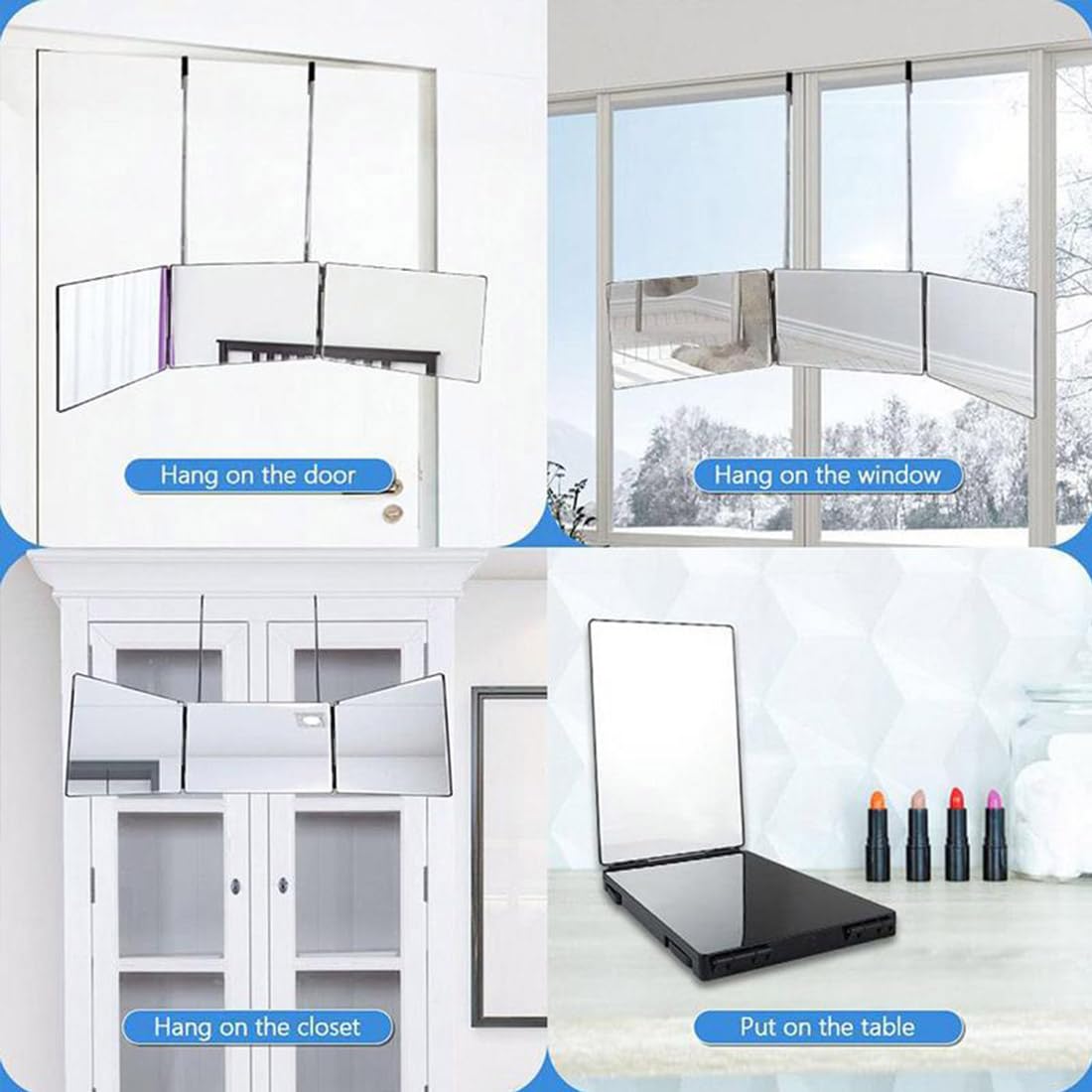HIEEY 3 Way Mirror for Hair Cutting,360 Trifold Mirror with Height Adjustable Telescoping Hooks,and 5X Magnification Mirror,for Makeup, Hair Styling