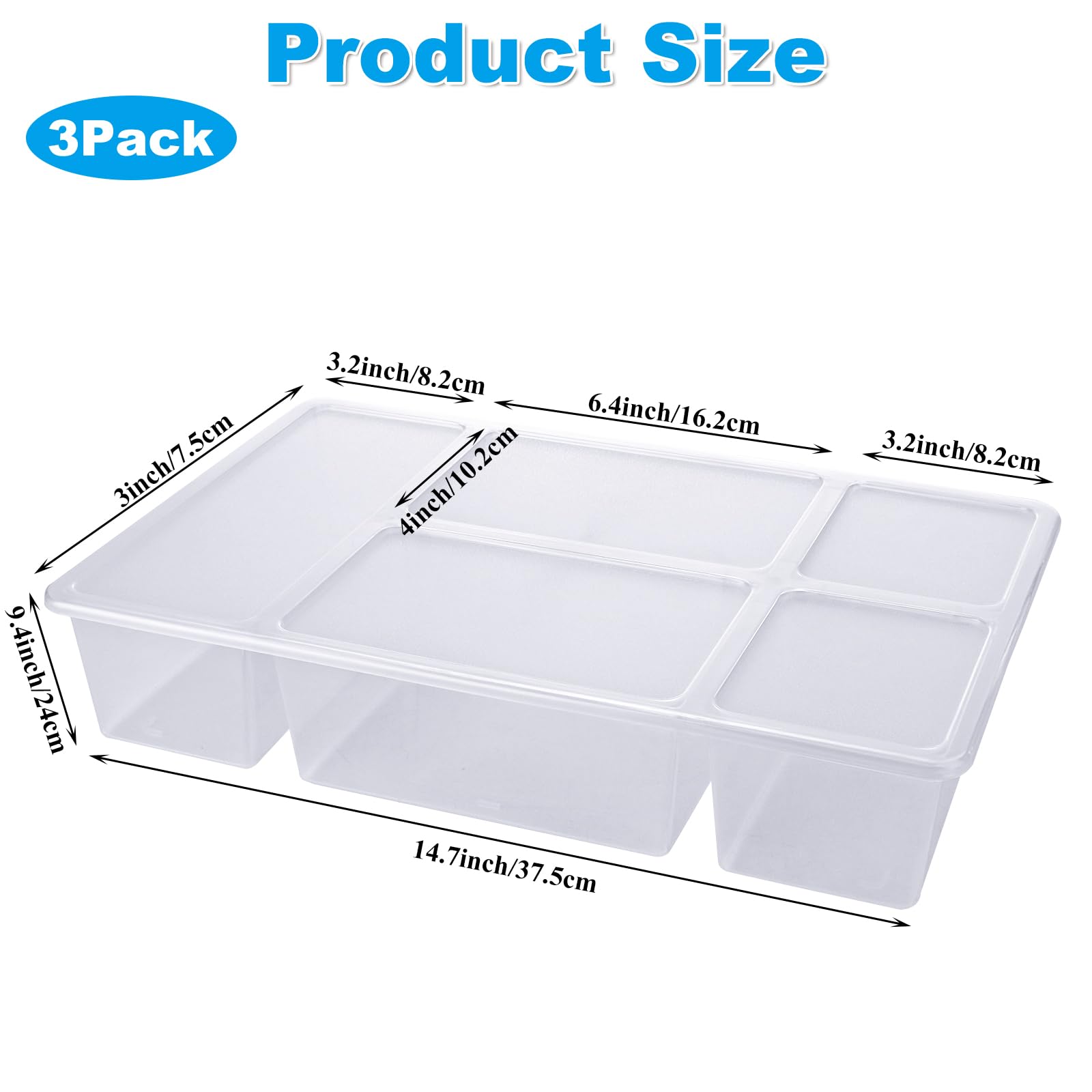 EATHEATY 3 Pack Divided Veggie Tray with Lid, 5 Compartment Plastic Snackle Box Container Salad Bar Container for Fridge, Tray Travel Food Storage Containers for Snack, Fruit, Vegetable, Salad, Meat