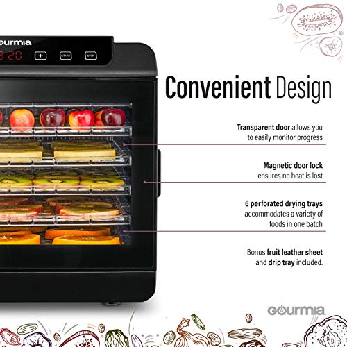 Gourmia GFD1680 Countertop Electric Food Dehydrator - 6 Drying Trays - Digital Countdown Timer - Preset Temperature Settings - Recipe Book Included