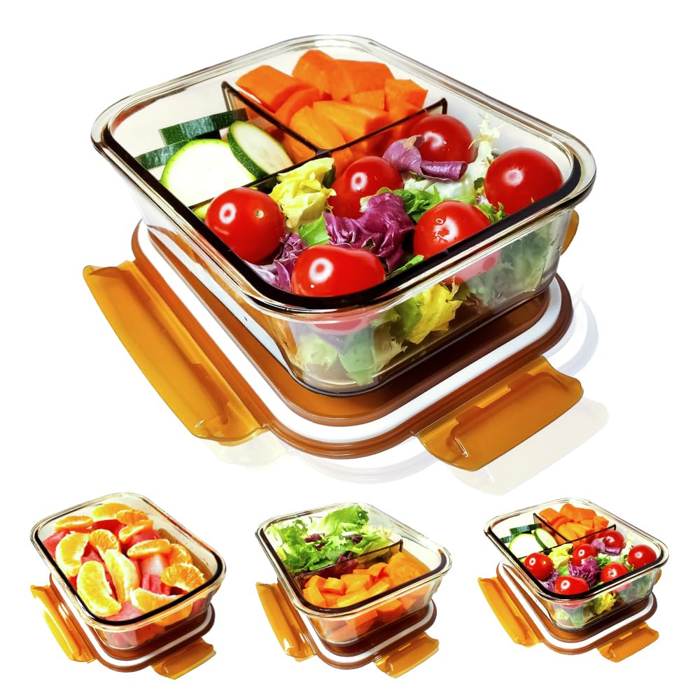 Glass Meal Prep Containers - 1, 2 & 3 Compartment (3 Pack, 36 oz), Reusable Glass Food Storage Containers with Lids, Bento Box Glass for Meal Prep
