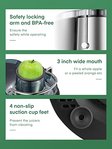 Juicer Machines, Juilist New Generation Compact Centrifugal Juicer Extractor for Fruits and Vegetables with 3” Wide Mouth, 400W Motor Easy to Clean with Anti-Drip, BPA-Free, Recipe & Brush Included
