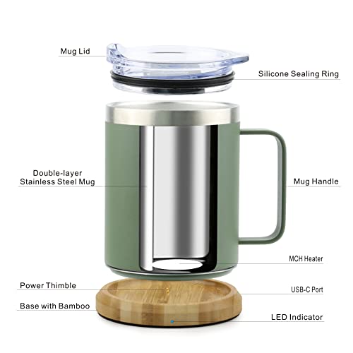 131℉ Self Heating Coffee Mug,Coffee Warmer with Mug Set,USB Powered Electric Heated Coffee Mug,Coffee Cup Heated for Desk Home & Office,Coffee Gifts(12oz Green)
