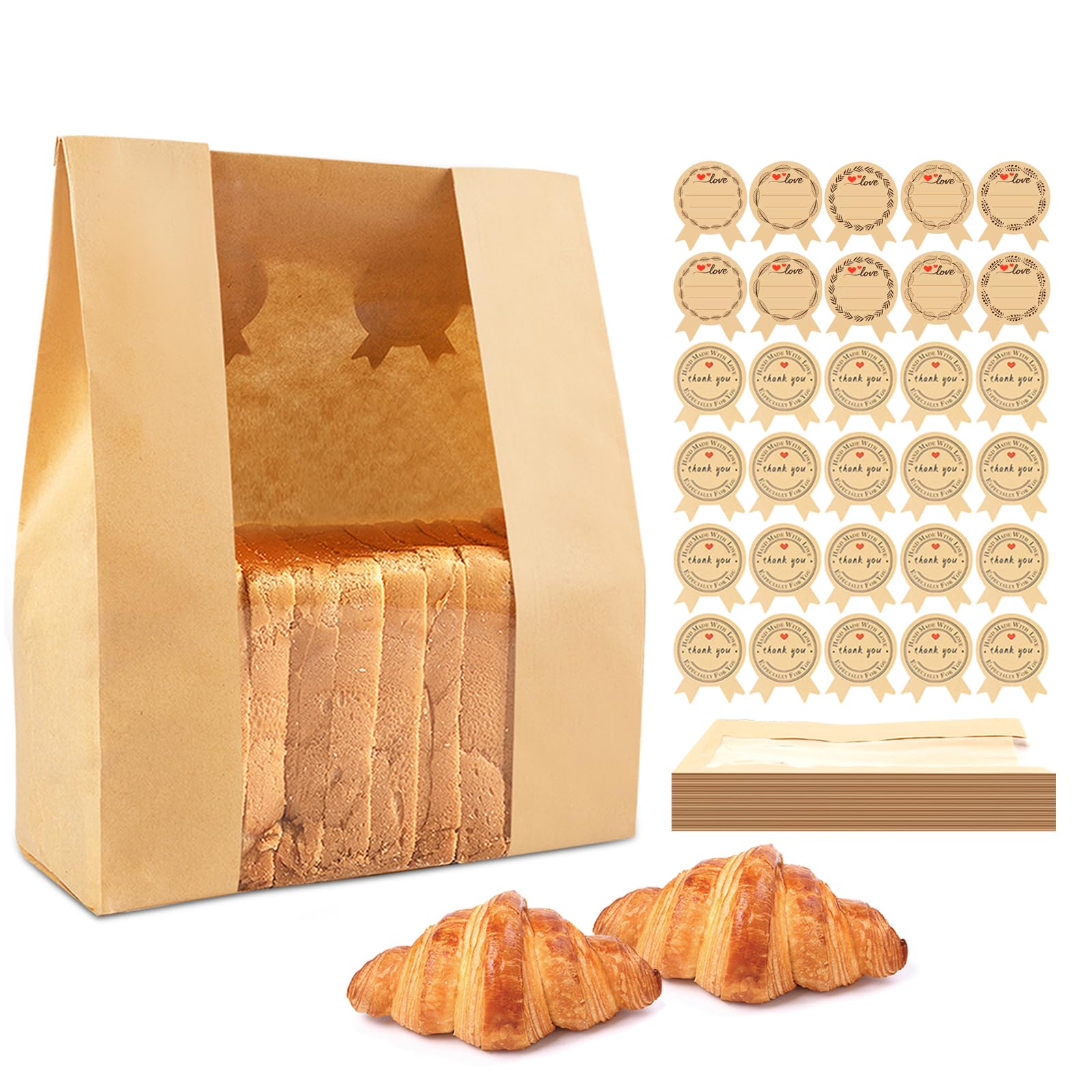 KEQ Bread Bags for Homemade Bread-Paper Bread Bag with Window-50 Pcs Sourdough Bread Bags with 60 Cute(10 Write-On) Sealing Stickers-Large Bakery Bags for Home Bakers & Bakery Owners