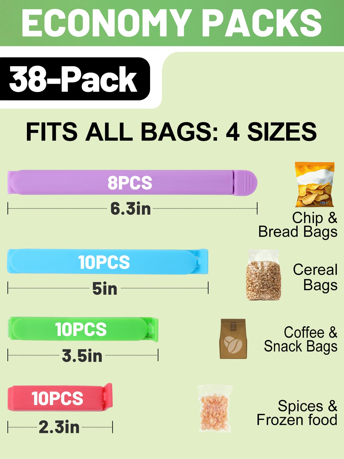 Set of 38 Plastic Chip Clips Bag Sealing Clips for Food and Snack Storage (2.3 in, 3.6 in, 5 in, 6.3 in)