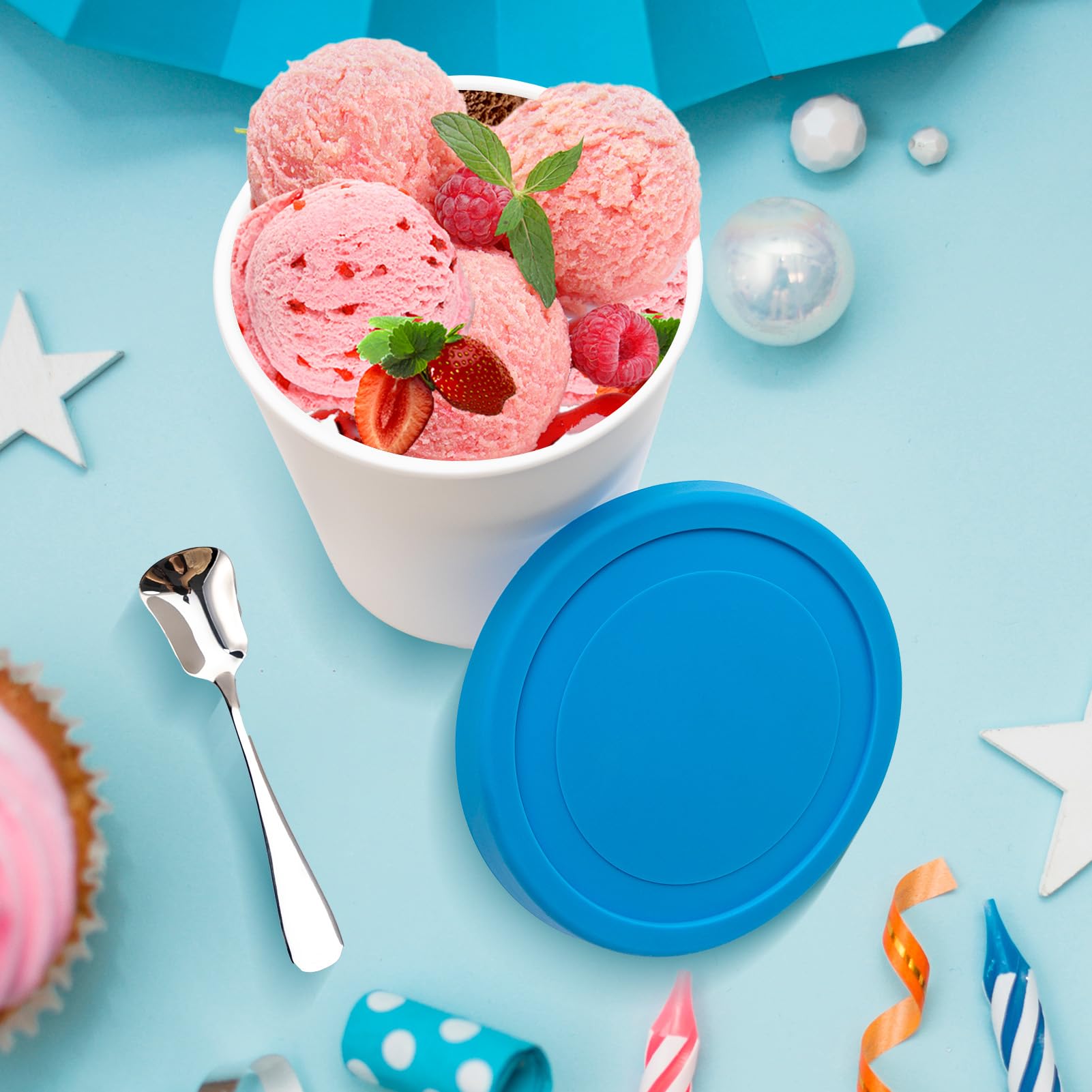 Belle&Beau 4 Pack Ice Cream Containers Set (1 Quart Each) with Silicone Lids, Ideal for Homemade Ice Cream, Sorbet, and Gelato, Dishwasher Safe, Includes 1 Erasable Marker, 1 Scoop, and 1 Cloth