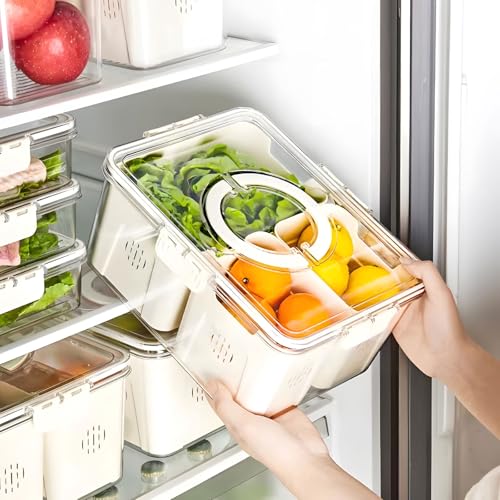 SwellishColor Fridge Organizer with Lids,4 Compartment Airtight Veggie Fruit Storage Containers for Fridge with Handle,Stackable Organizer,Fresh Produce Saver for Food and Storage for Fruit,Veggie