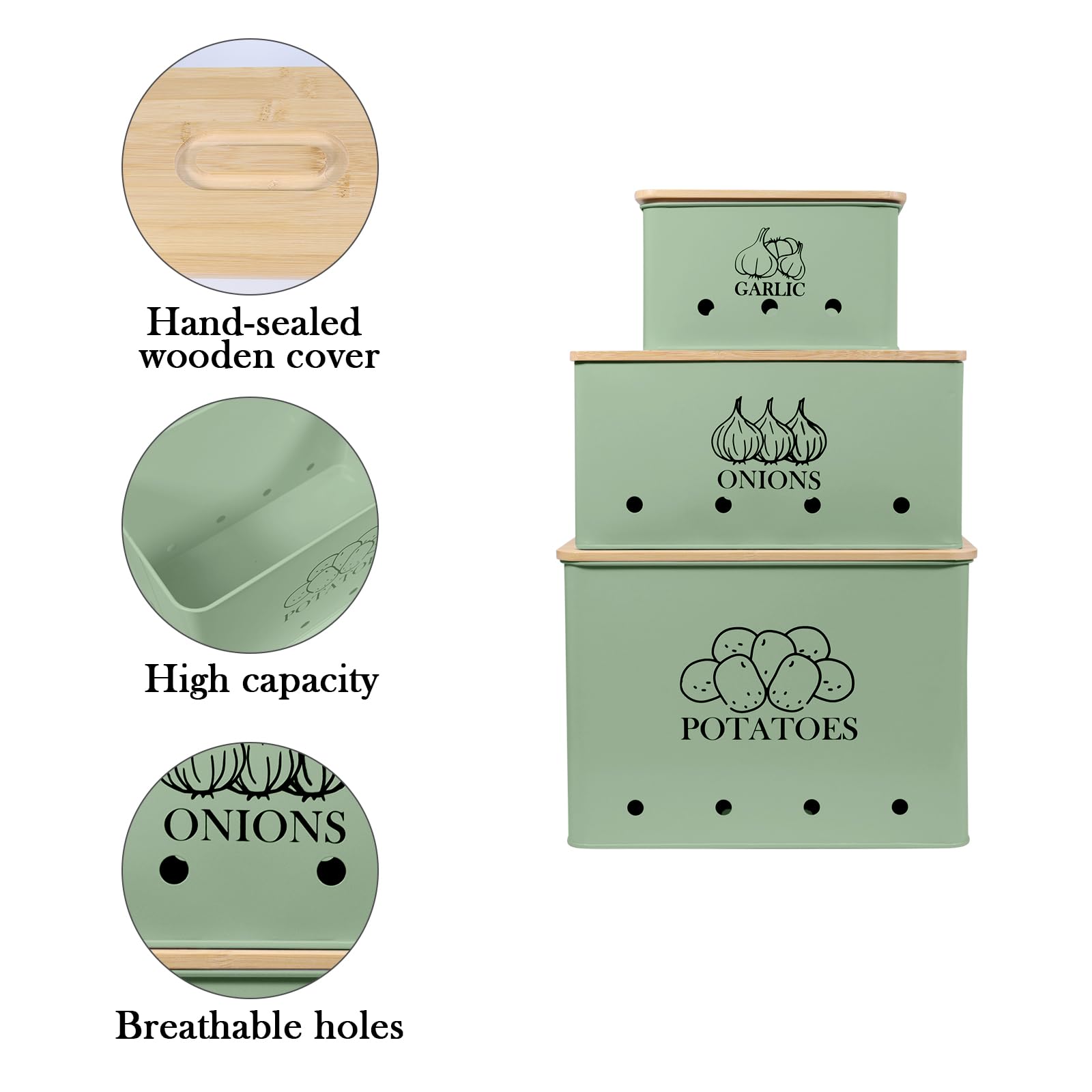 Xbopetda Canister Sets for Kitchen Counter, Kitchen Canisters Set of 3 for Potato Onion Garlic, Kitchen Storage Bin Jars Pots with Aerating Tin Storage Holes & Wooden Lid (Green)