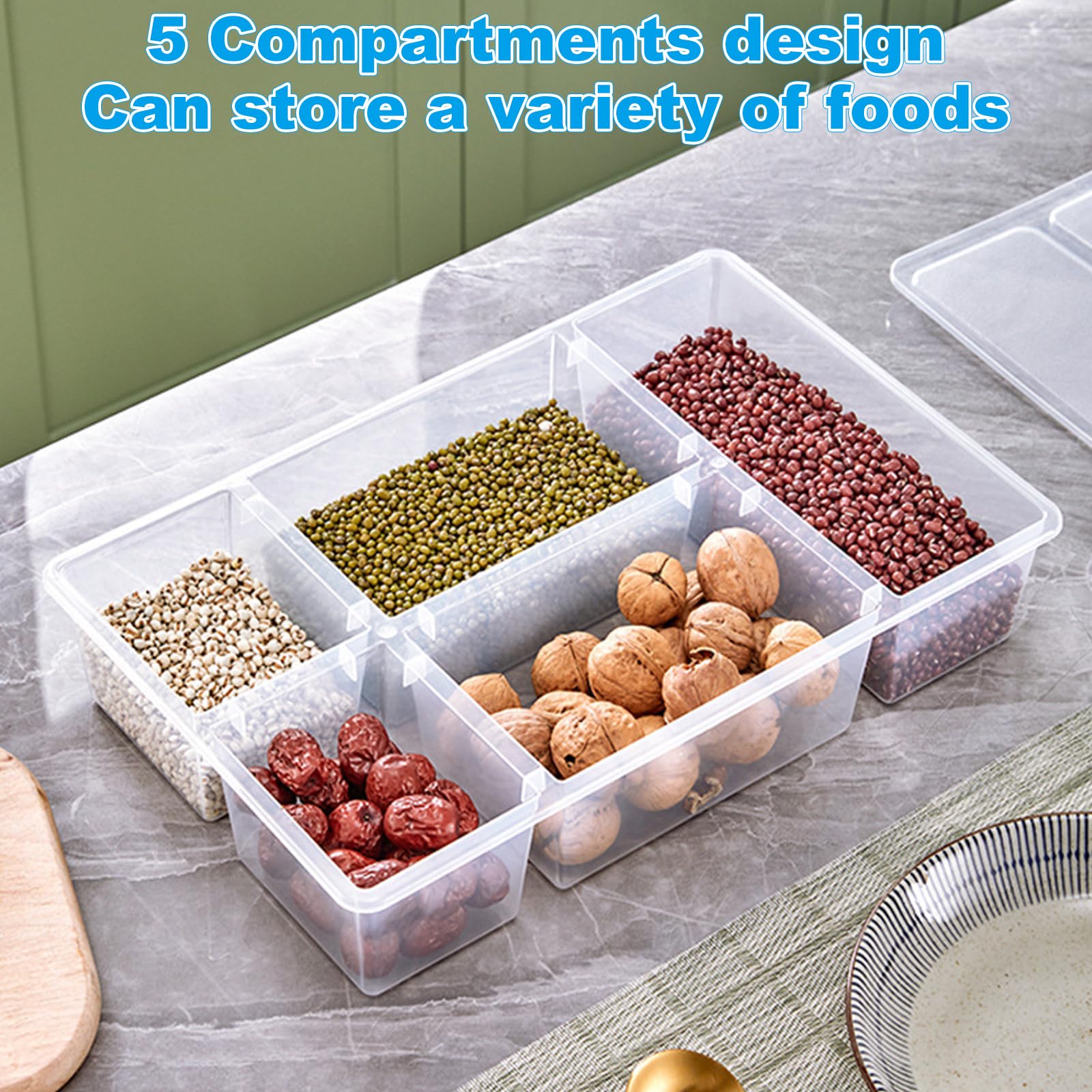 EATHEATY 3 Pack Divided Veggie Tray with Lid, 5 Compartment Plastic Snackle Box Container Salad Bar Container for Fridge, Tray Travel Food Storage Containers for Snack, Fruit, Vegetable, Salad, Meat