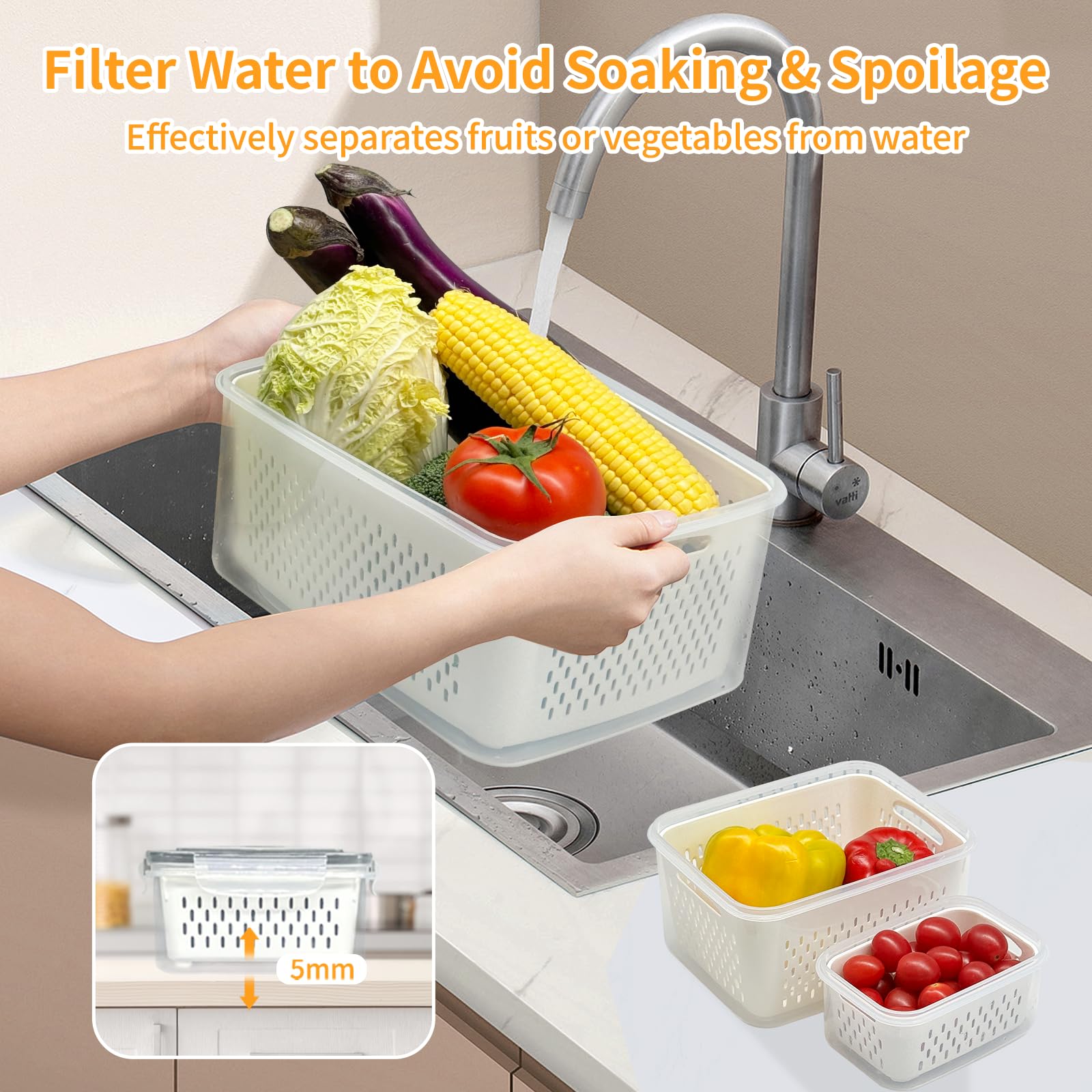 Fruit Storage Containers for Fridge,Produce Saver Containers for Refrigerator with Drain Colander,Food Storage Container,Dishwasher&Microwave Safe,Keep Fruits,Vegetables,Berry,Meat Fresh longer 6Pack.