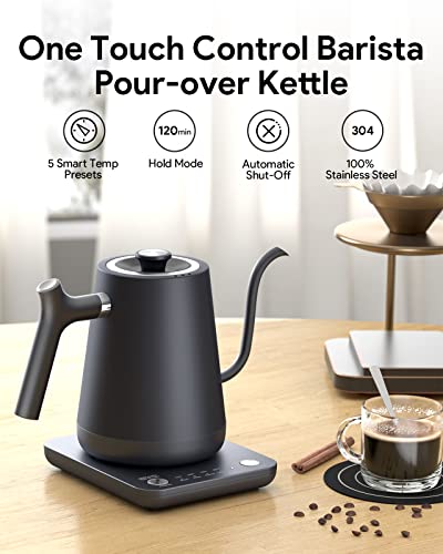Gooseneck Electric Tea Kettle Pour-Over Kettle for Coffee, with 5 Variable Presets, 100% Stainless Steel Inner, with Keep Warm and Mute Function 0.8L, 1000W Quick Heating, Matte Black